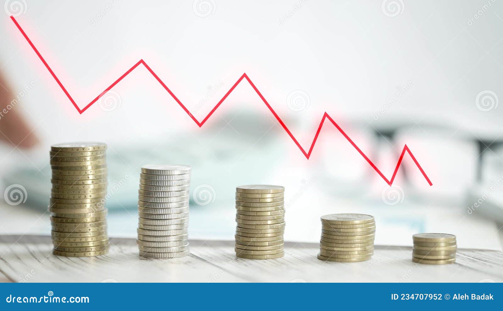 Down Trend in Stock Market Depicted by Stacks of Coins Decrease and Financial Chart. Pile of ...