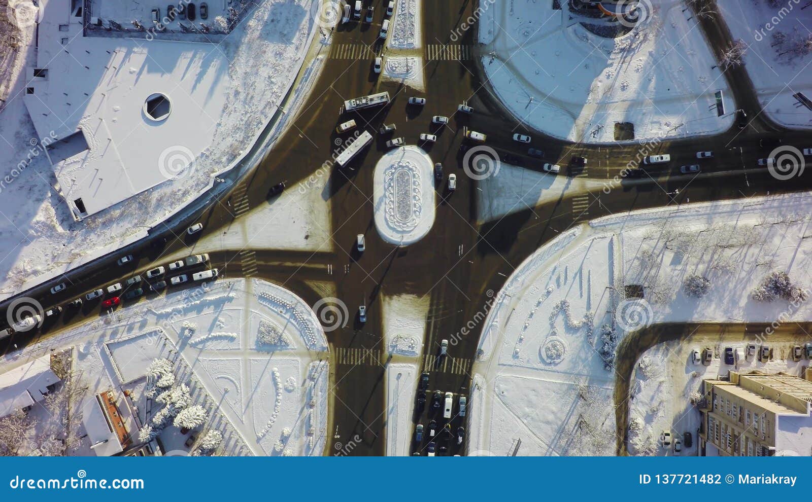 Down View of Intersection in Winter, Circle Crossroad with Traffic and ...