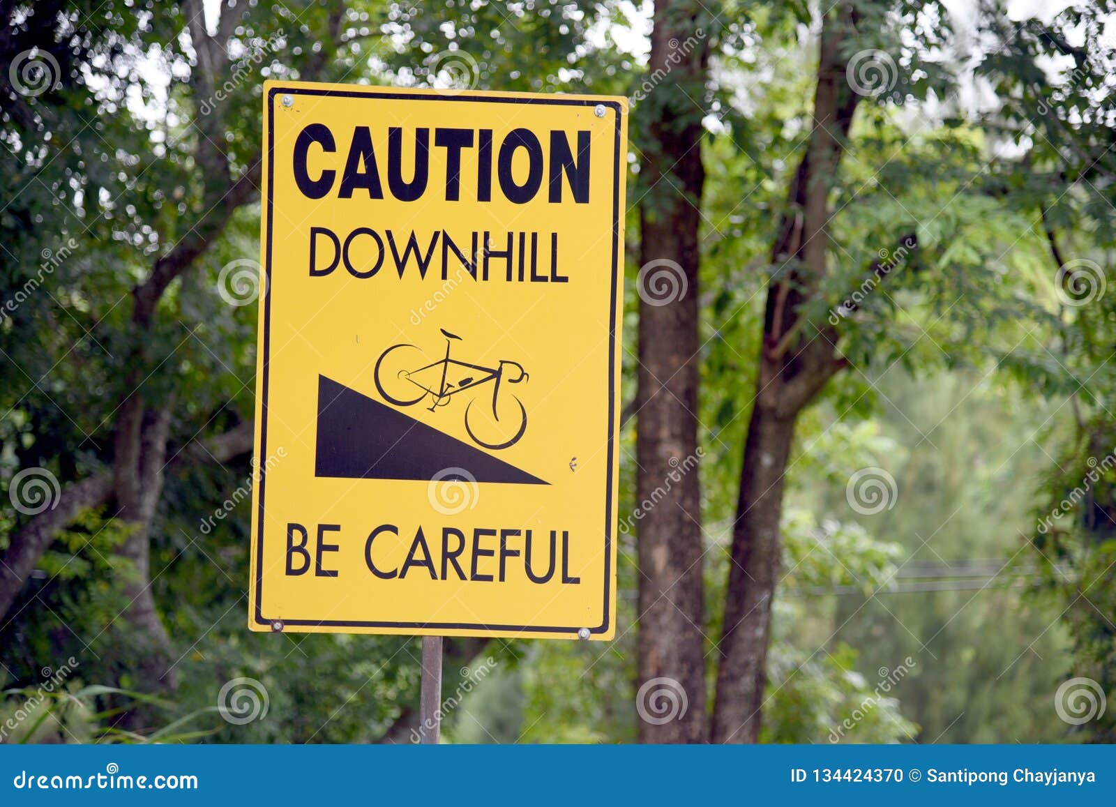 Downhill Bike Sign. Caution Downhill. Be Careful. Stock Photo - Image ...