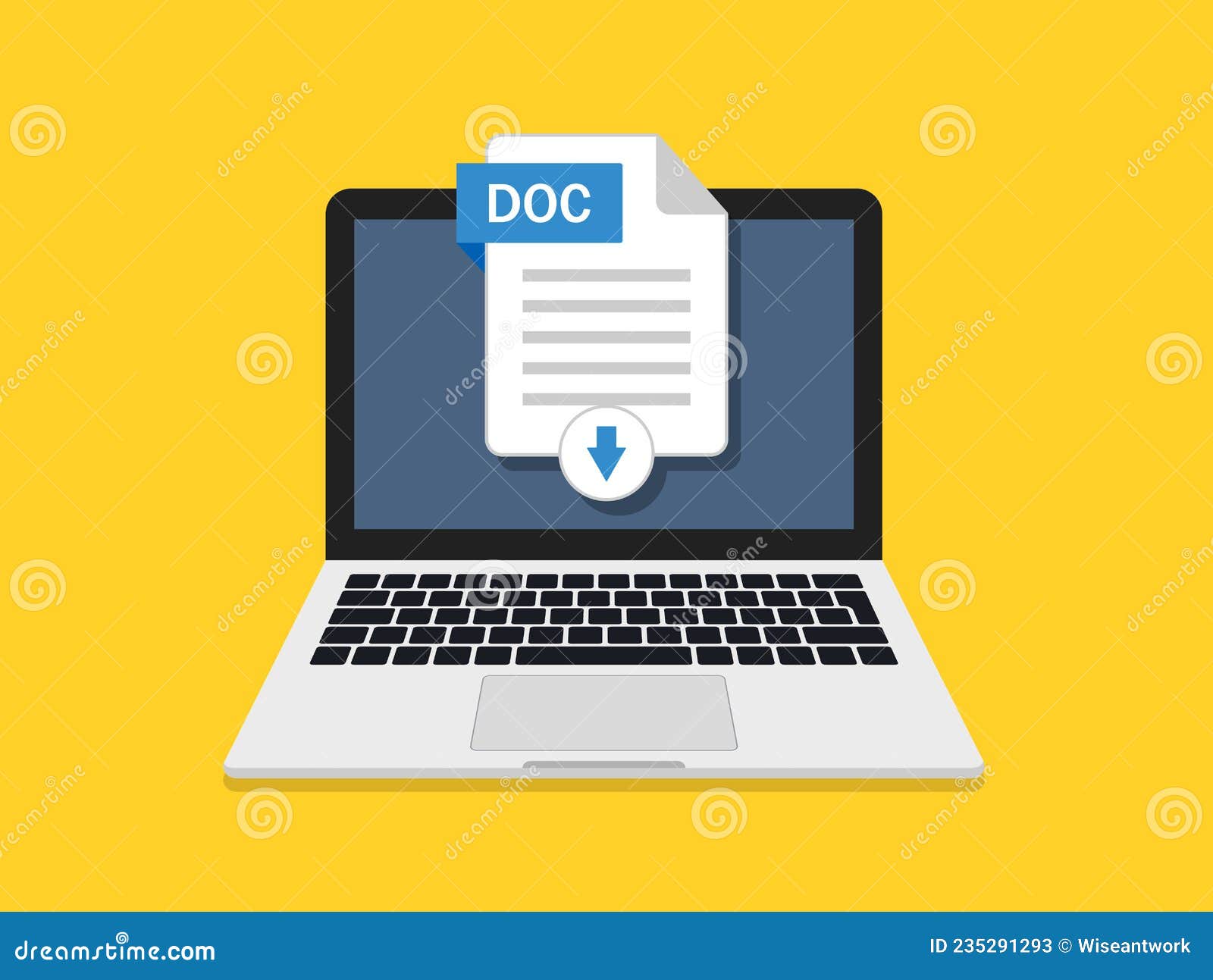 Download of Doc Document in Computer. Icon of Upload File in Laptop ...