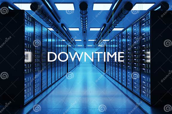 Downtime Logo in Large Modern Data Center with Multiple Rows of Network Internet Server Racks ...
