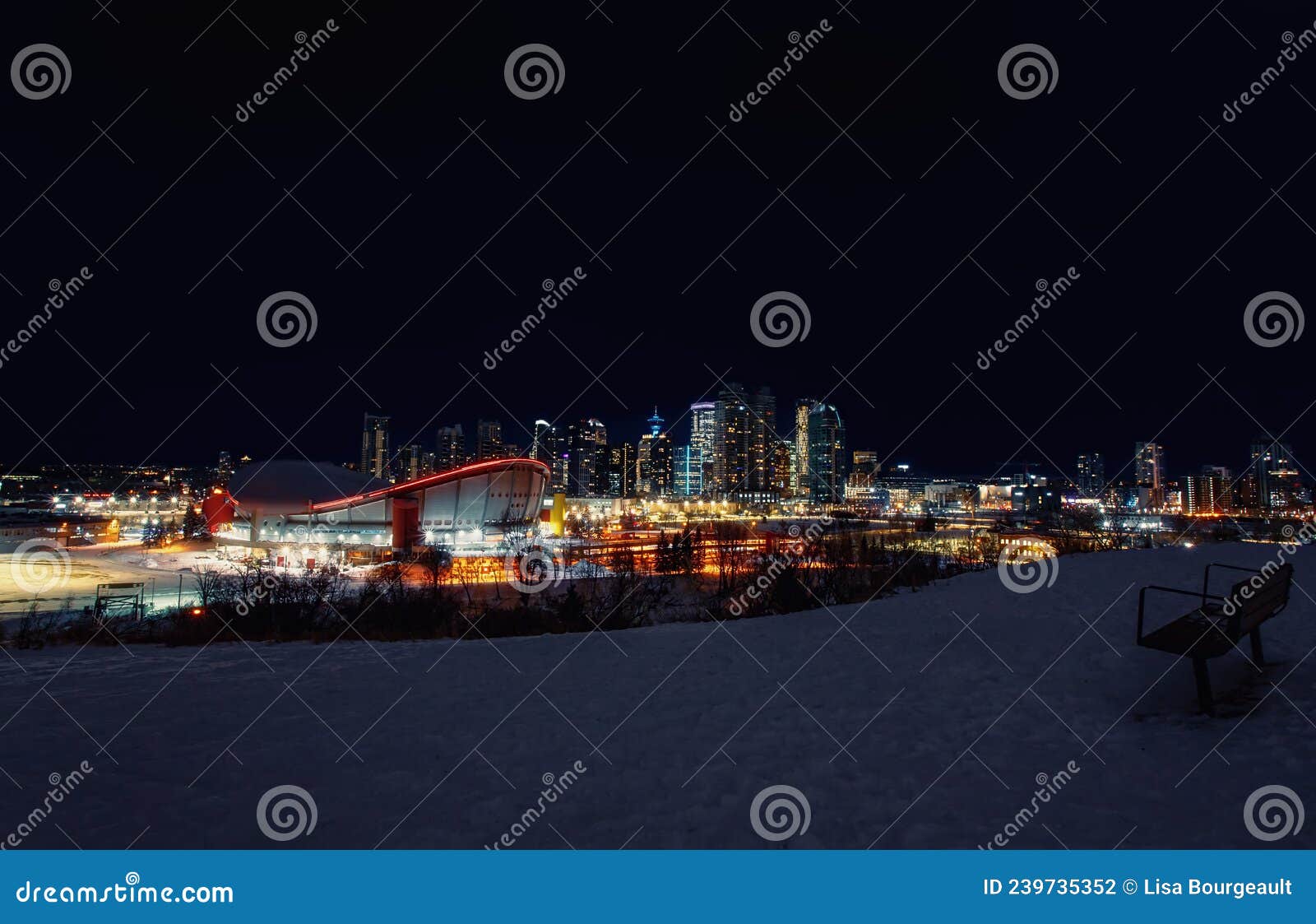 Downtown Calgary Glowing at Night Stock Photo - Image of lookout, bench ...