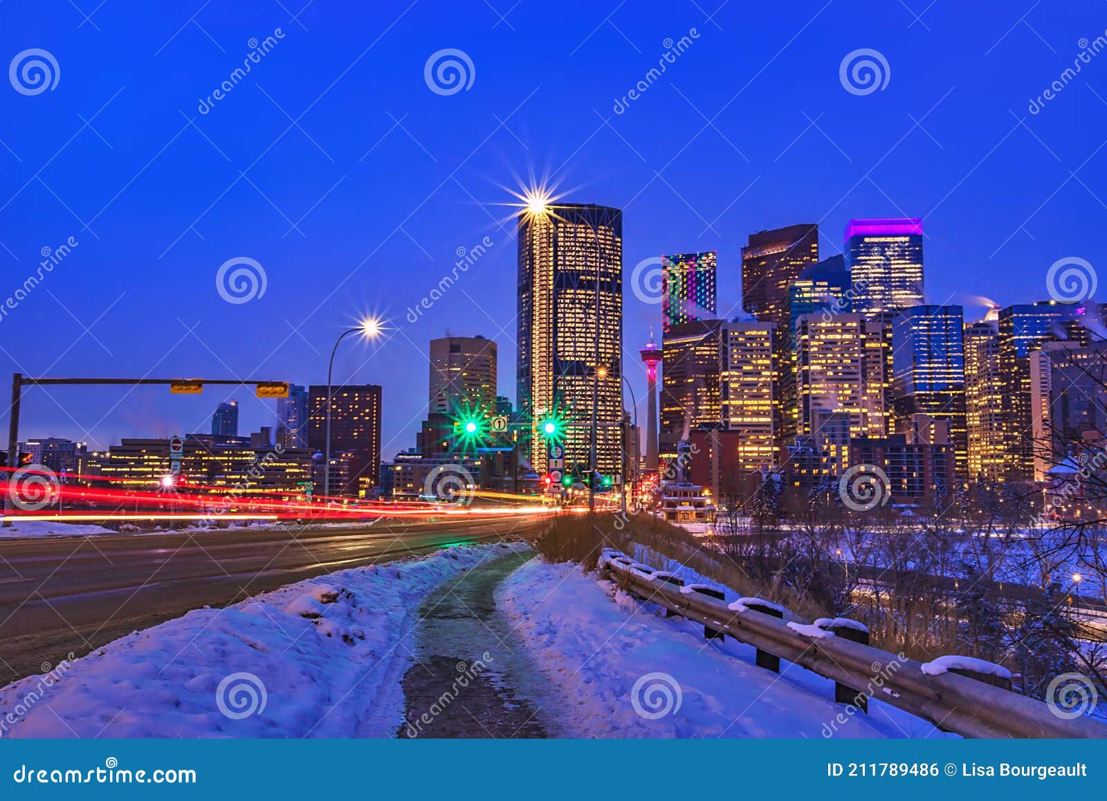 Downtown Calgary Illuminated at Night Stock Photo - Image of treelined ...