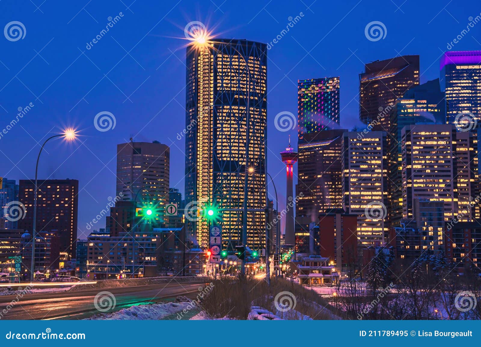 Downtown Calgary Illuminated at Night Stock Image - Image of snow ...