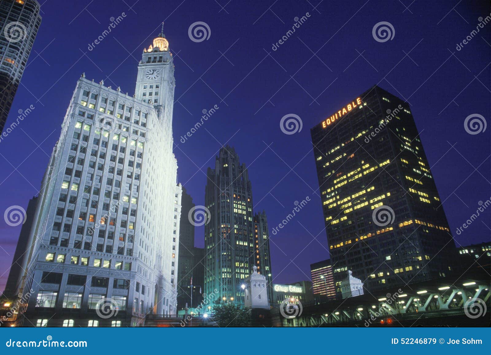 Downtown Chicago at Night, the Loop with Chicago River, Chicago ...