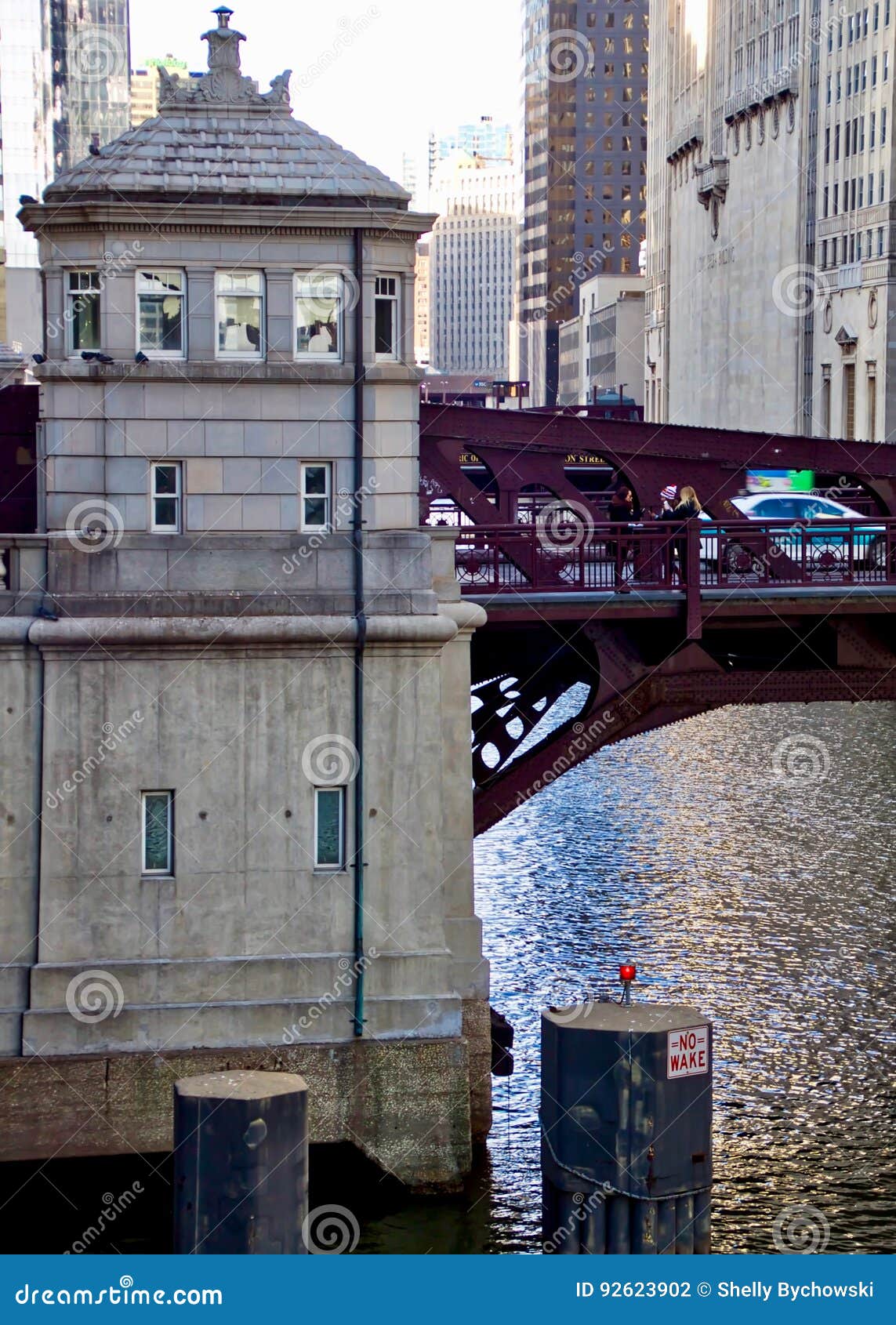 Downtown Chicago River View of Bridges during Sunset Editorial ...