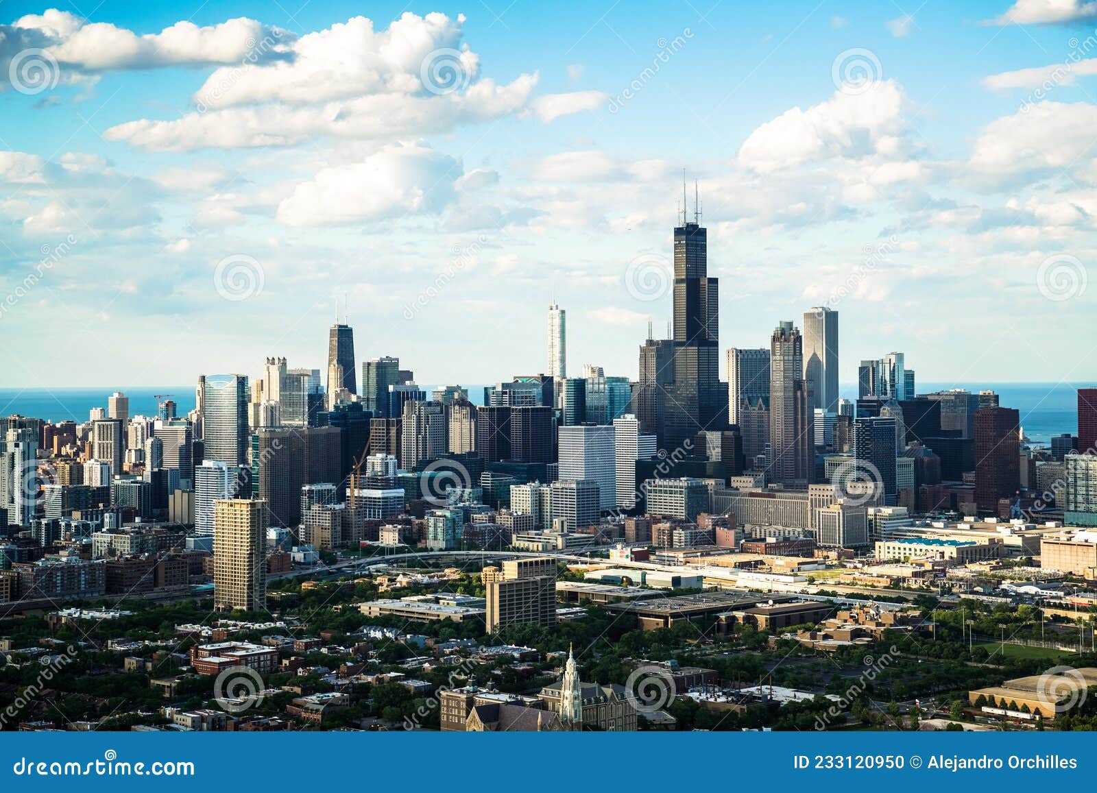 Downtown Chicago Skyline during the Day from a Helicopter Stock Photo ...