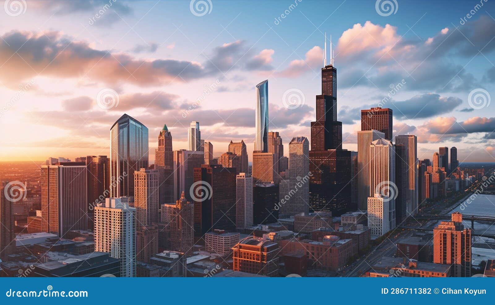 Downtown Chicago Skyline Scene Stock Illustration - Illustration of ...