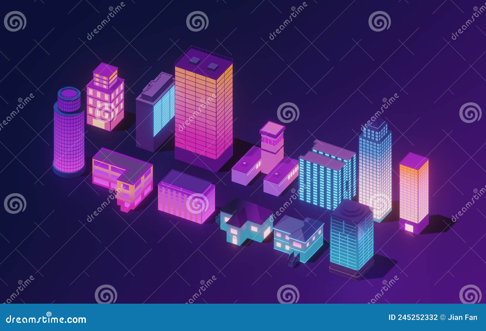 Downtown City, Neon Glowing Building, 3d Rendering Stock Illustration ...
