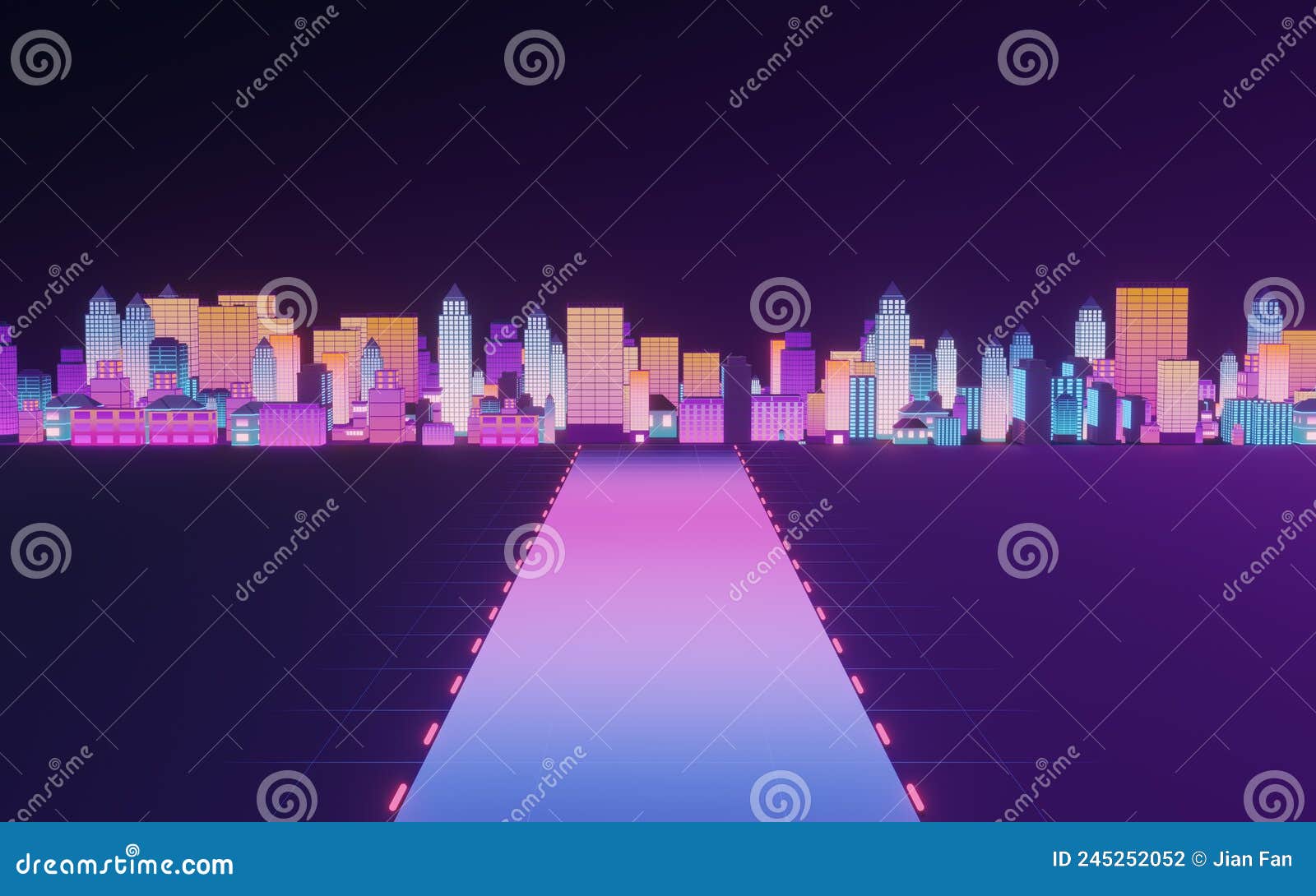 Downtown City, Neon Glowing Building, 3d Rendering Stock Illustration ...