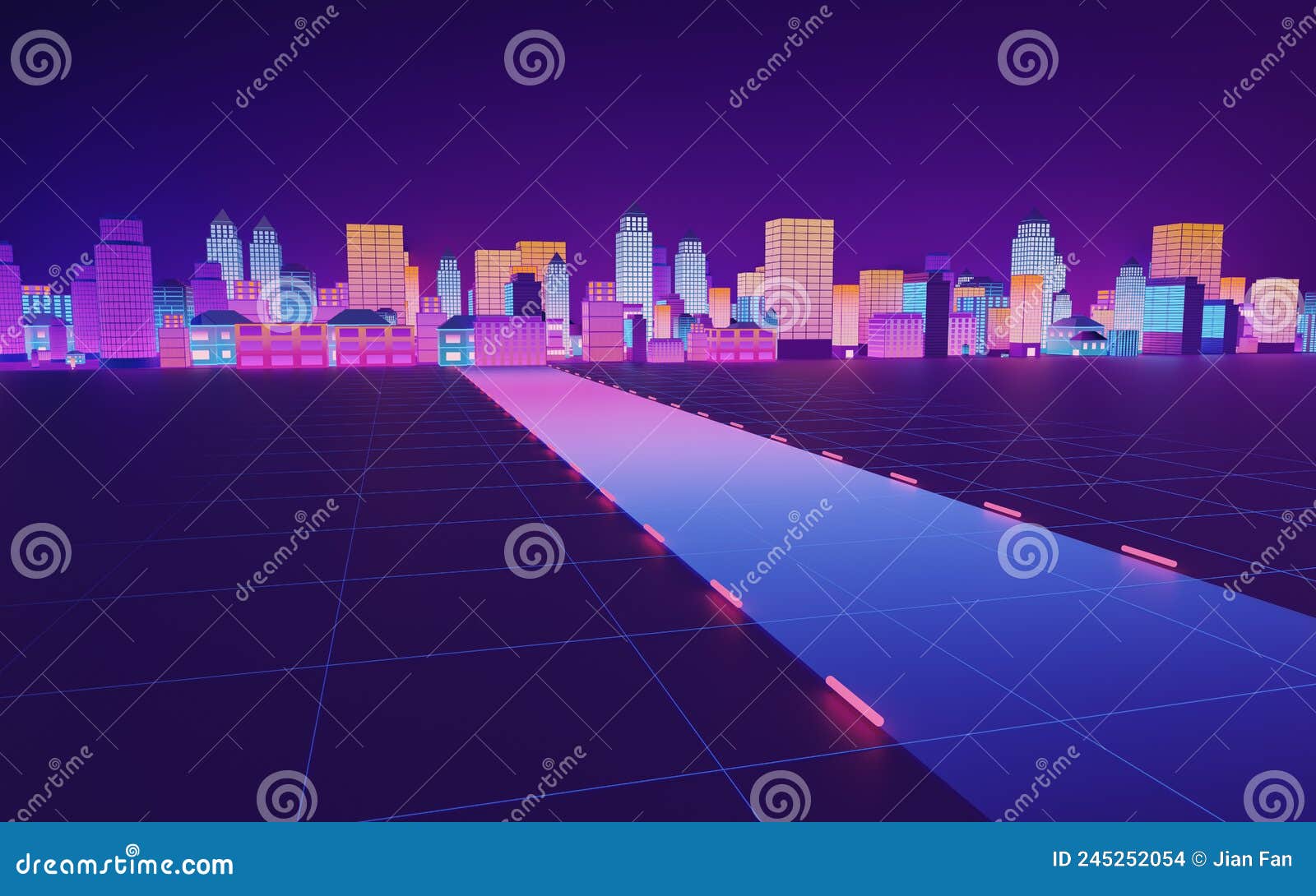 Downtown City, Neon Glowing Building, 3d Rendering Stock Illustration ...