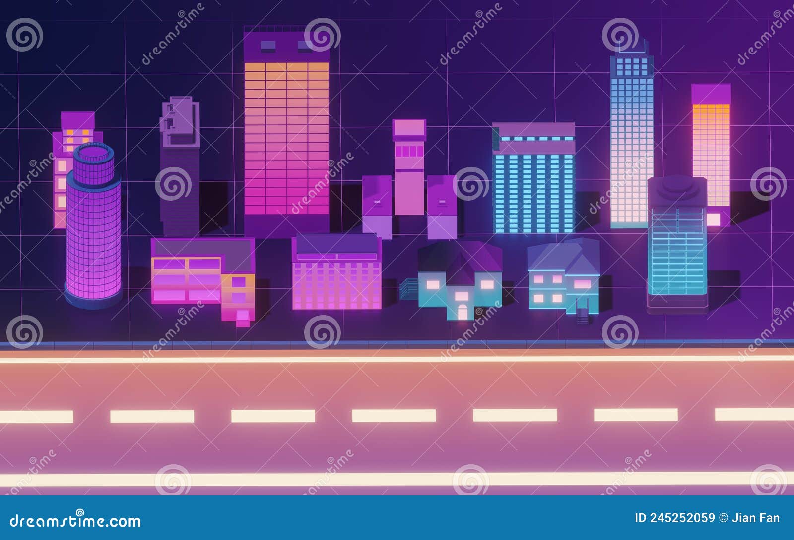 Downtown City, Neon Glowing Building, 3d Rendering Stock Illustration ...