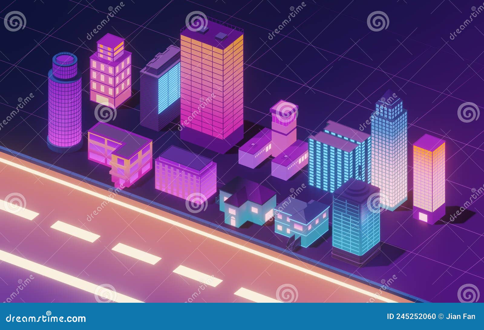 Downtown City, Neon Glowing Building, 3d Rendering Stock Illustration ...