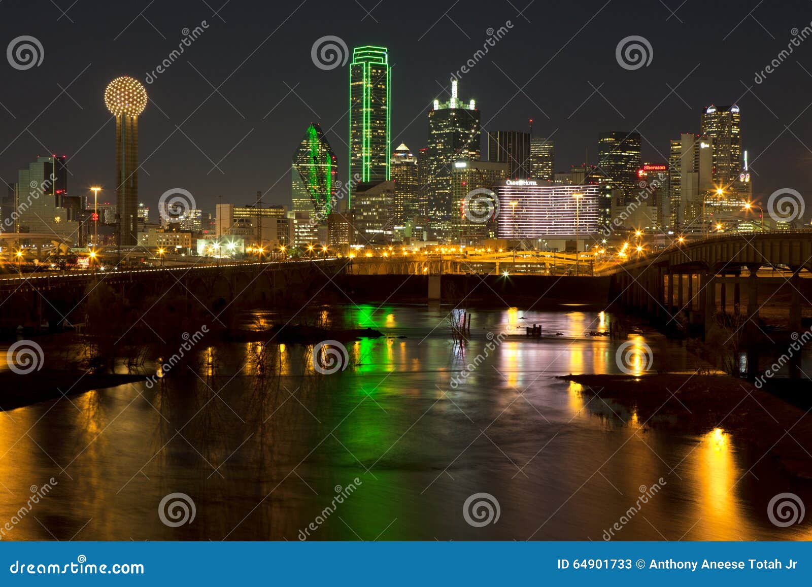 Downtown Dallas, Texas at Night with the Trinity River Stock Image ...