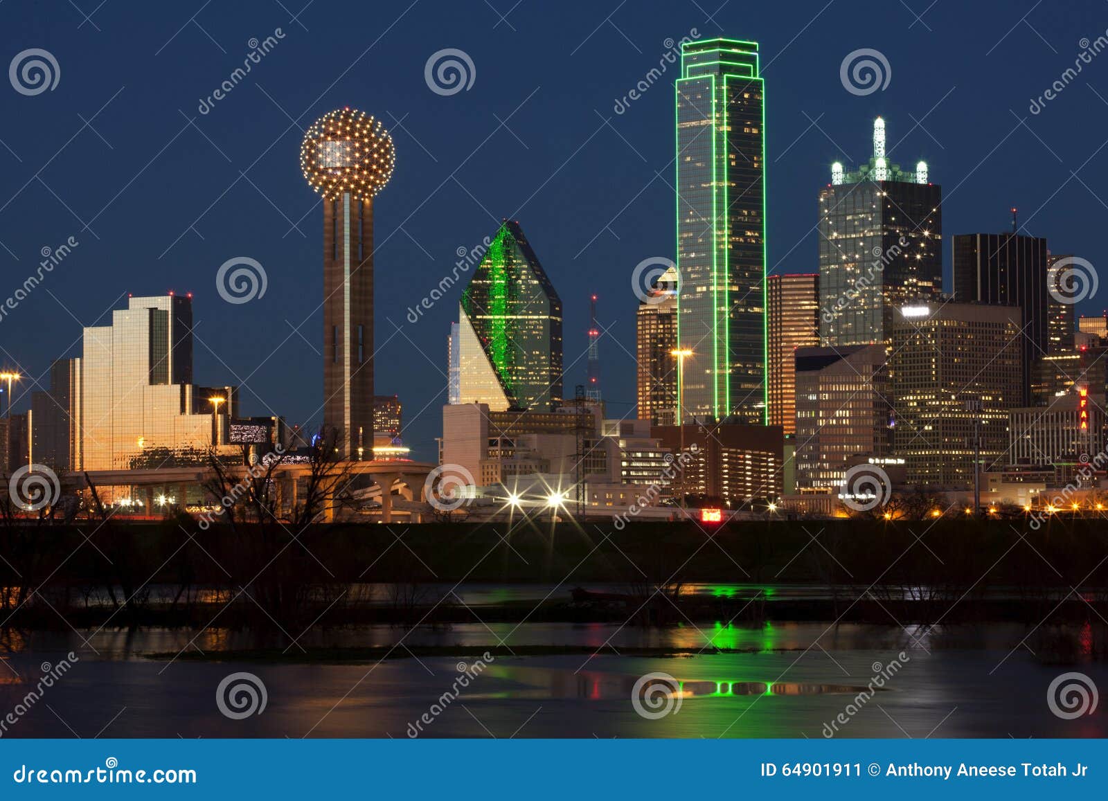 Downtown Dallas, Texas at Night with the Trinity River Stock Image ...