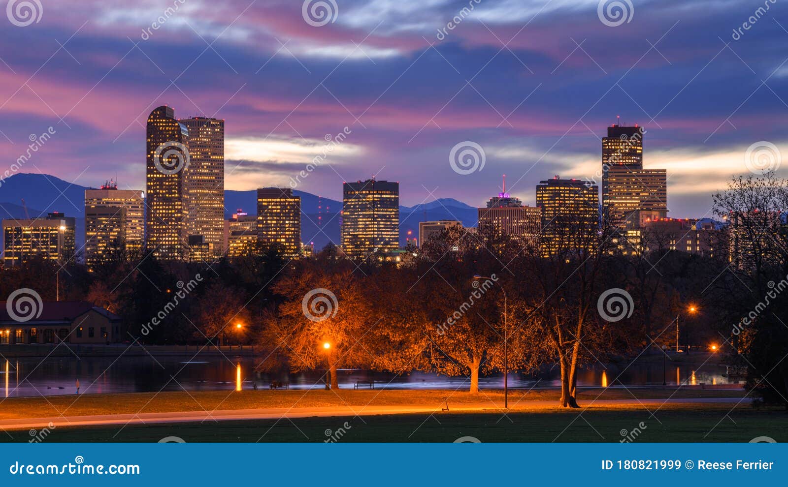 Downtown Denver at sunset stock image. Image of skyscraper - 180821999