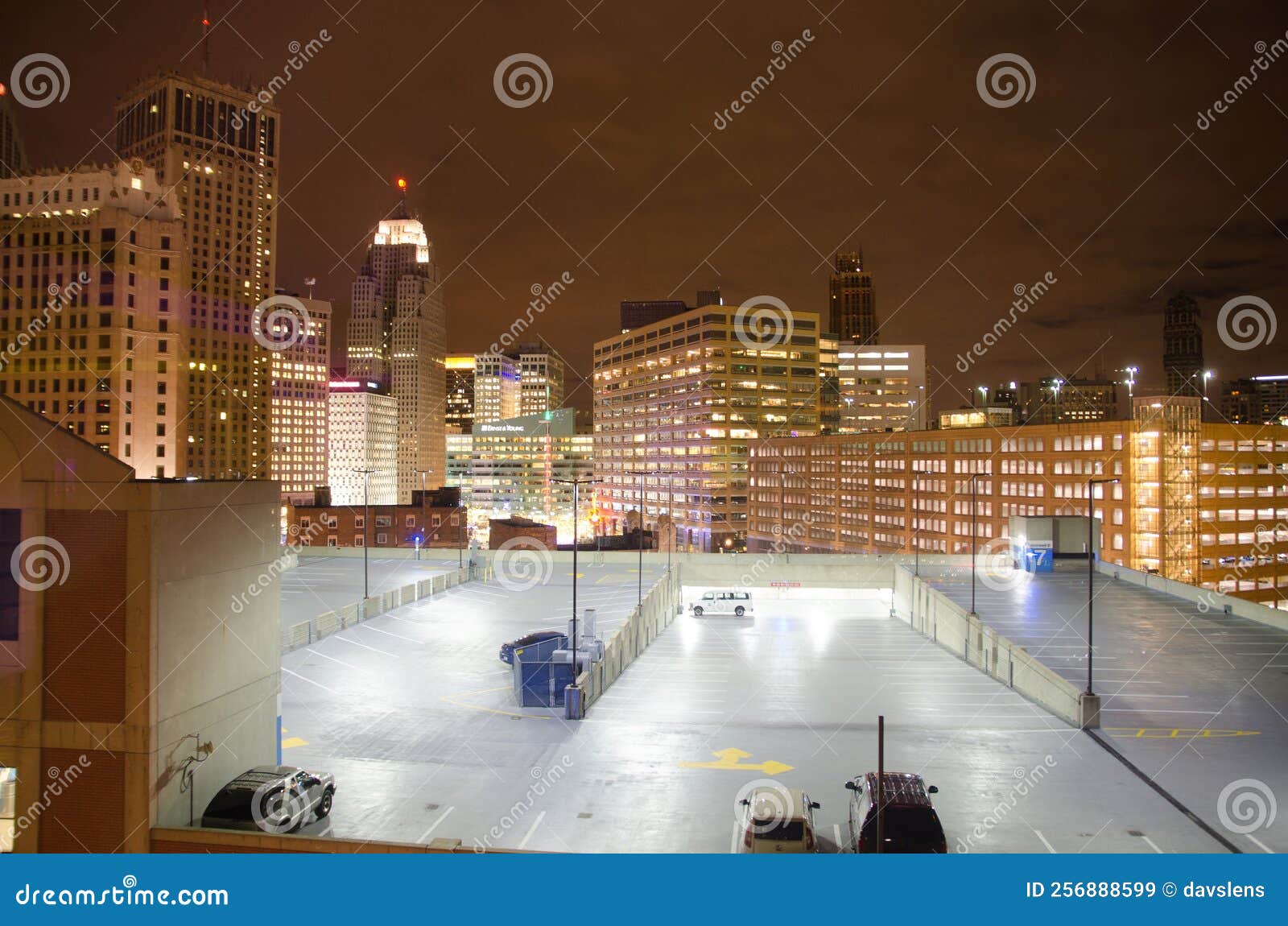 Downtown Detroit at night stock image. Image of night - 256888599