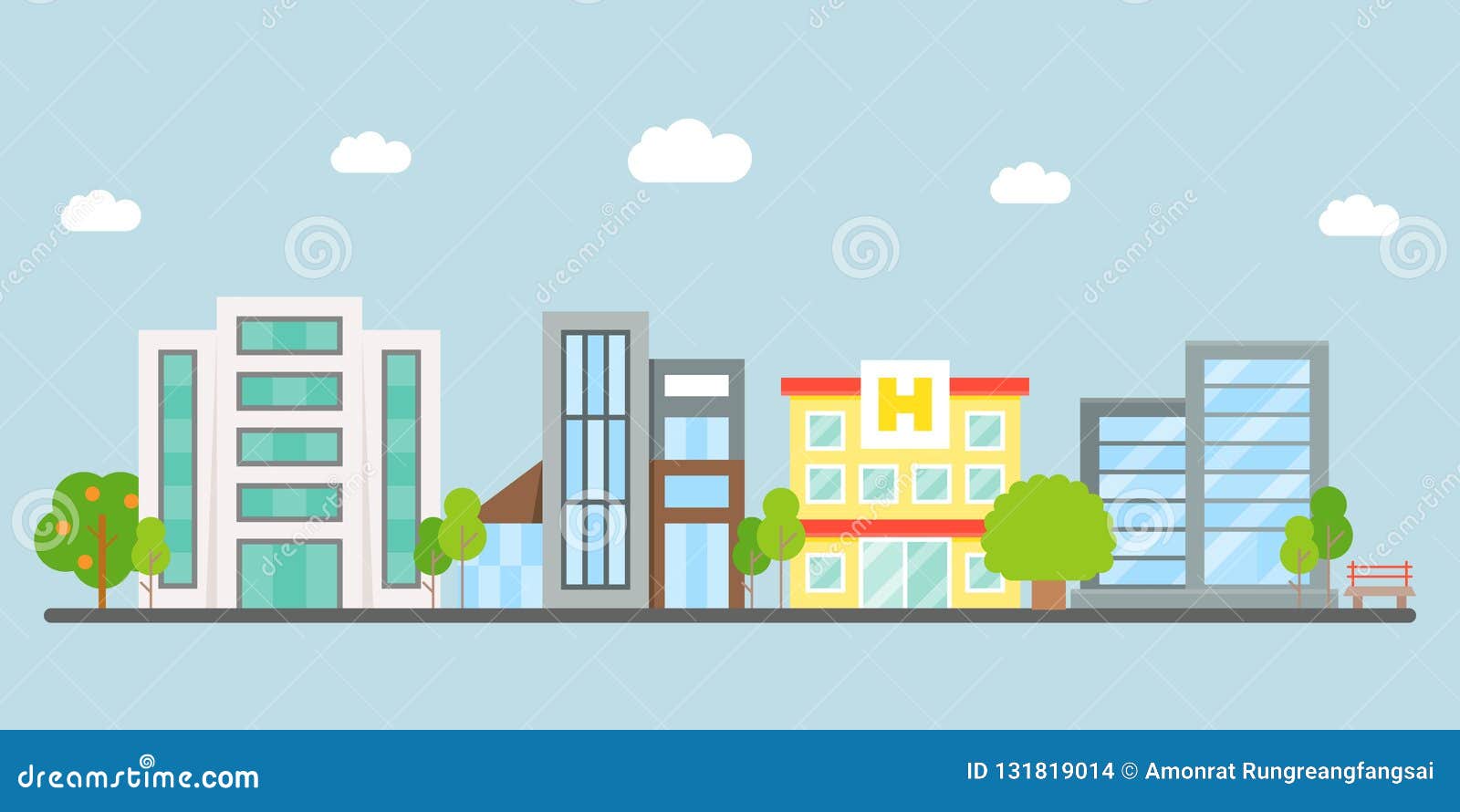 Downtown Landscape, Modern Building Vector Flat Design Stock Vector ...