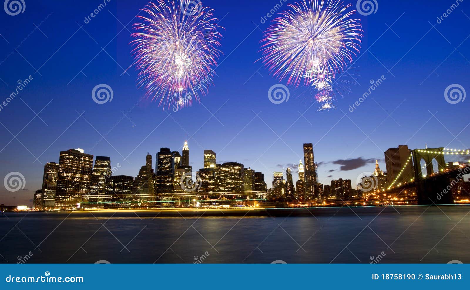 Downtown Manhattan Skyline with Dramatic Fireworks Stock Photo - Image ...