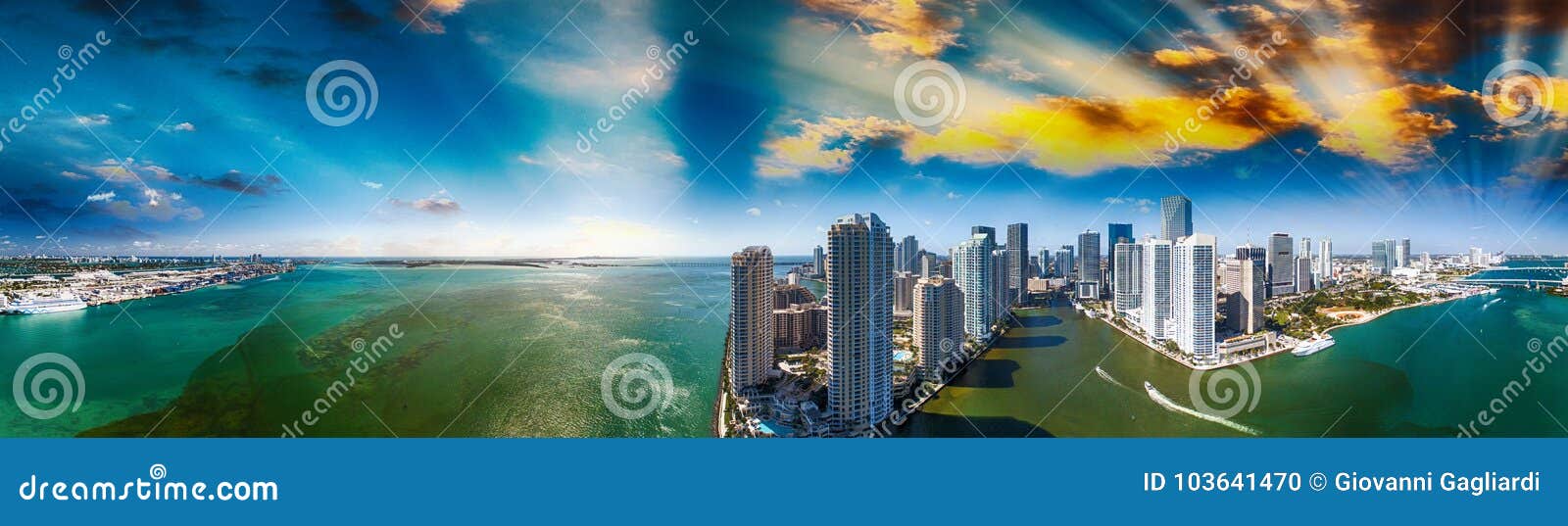 Downtown Miami and Brickell Key, Panoramic Aerial View Stock Photo ...