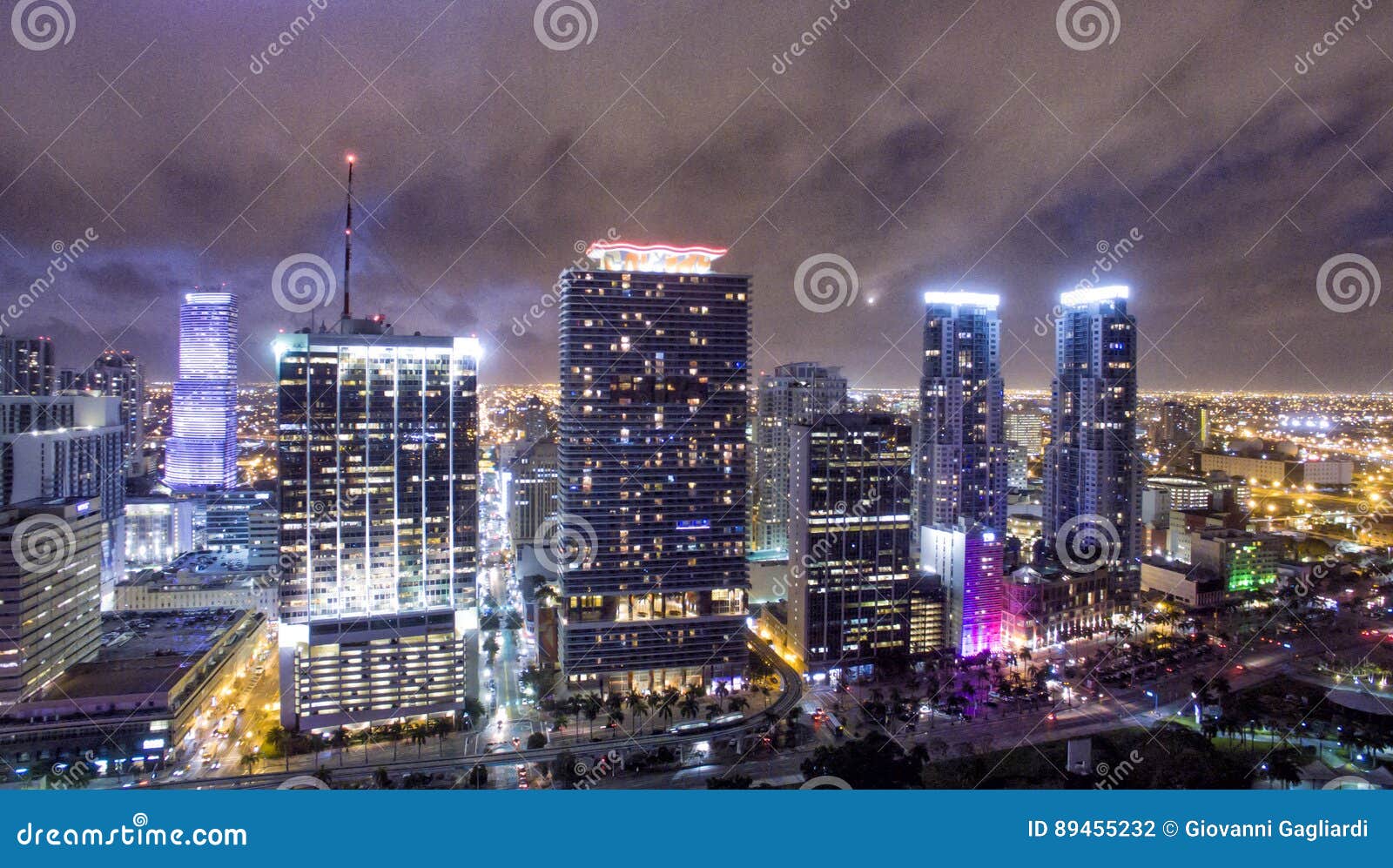 Downtown Miami at Night, Aerial View Stock Photo - Image of city, water ...