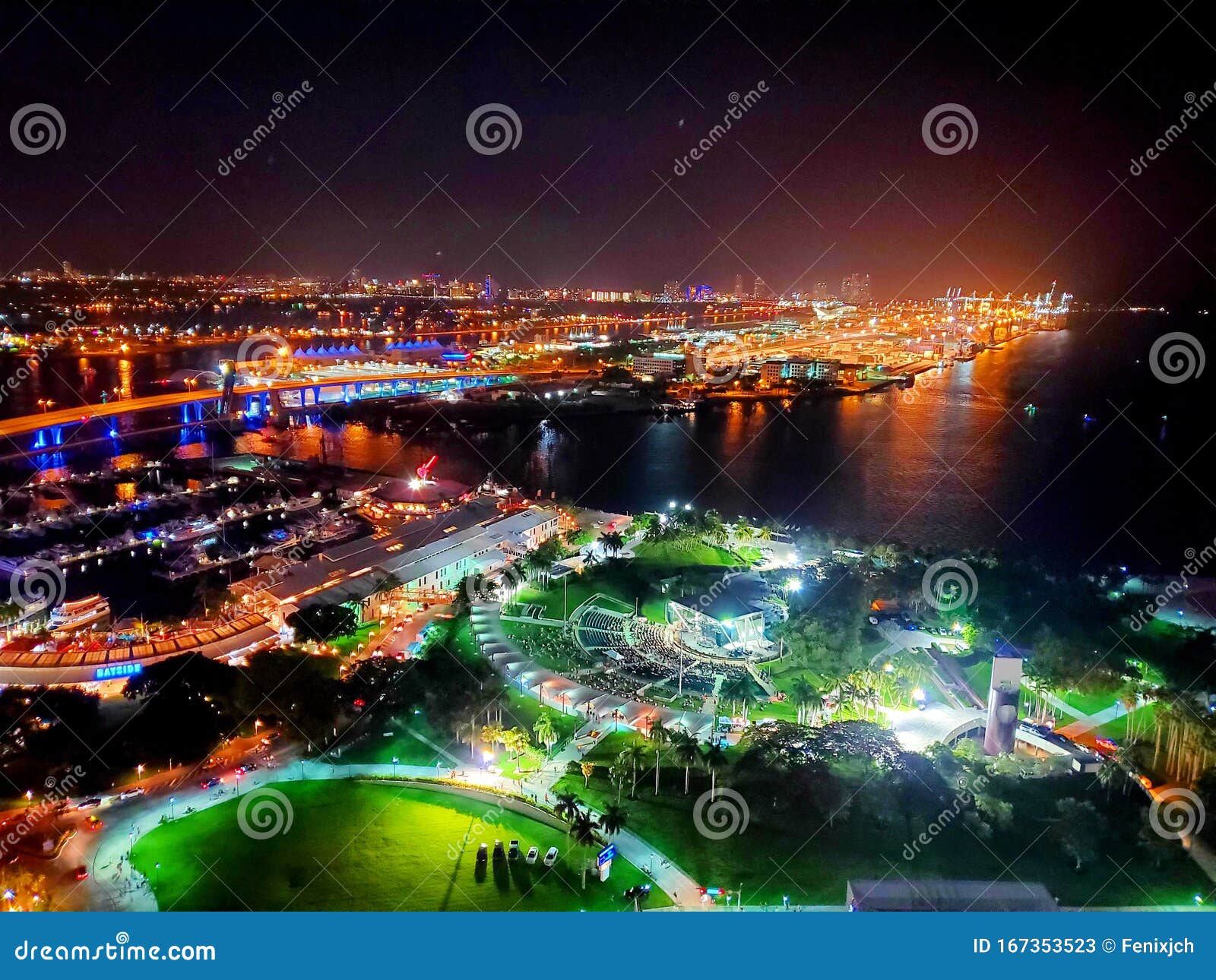 Downtown Miami Night Lights Biscayne Stock Image - Image of miami ...
