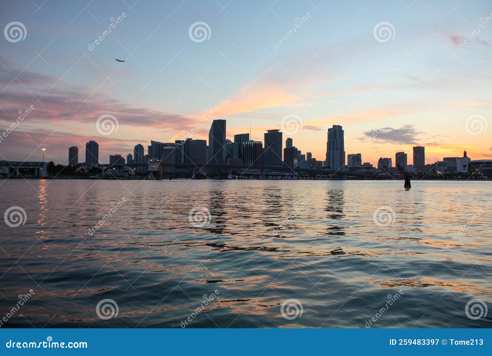 Downtown Miami at Sunset from the Bay Stock Image - Image of evening ...