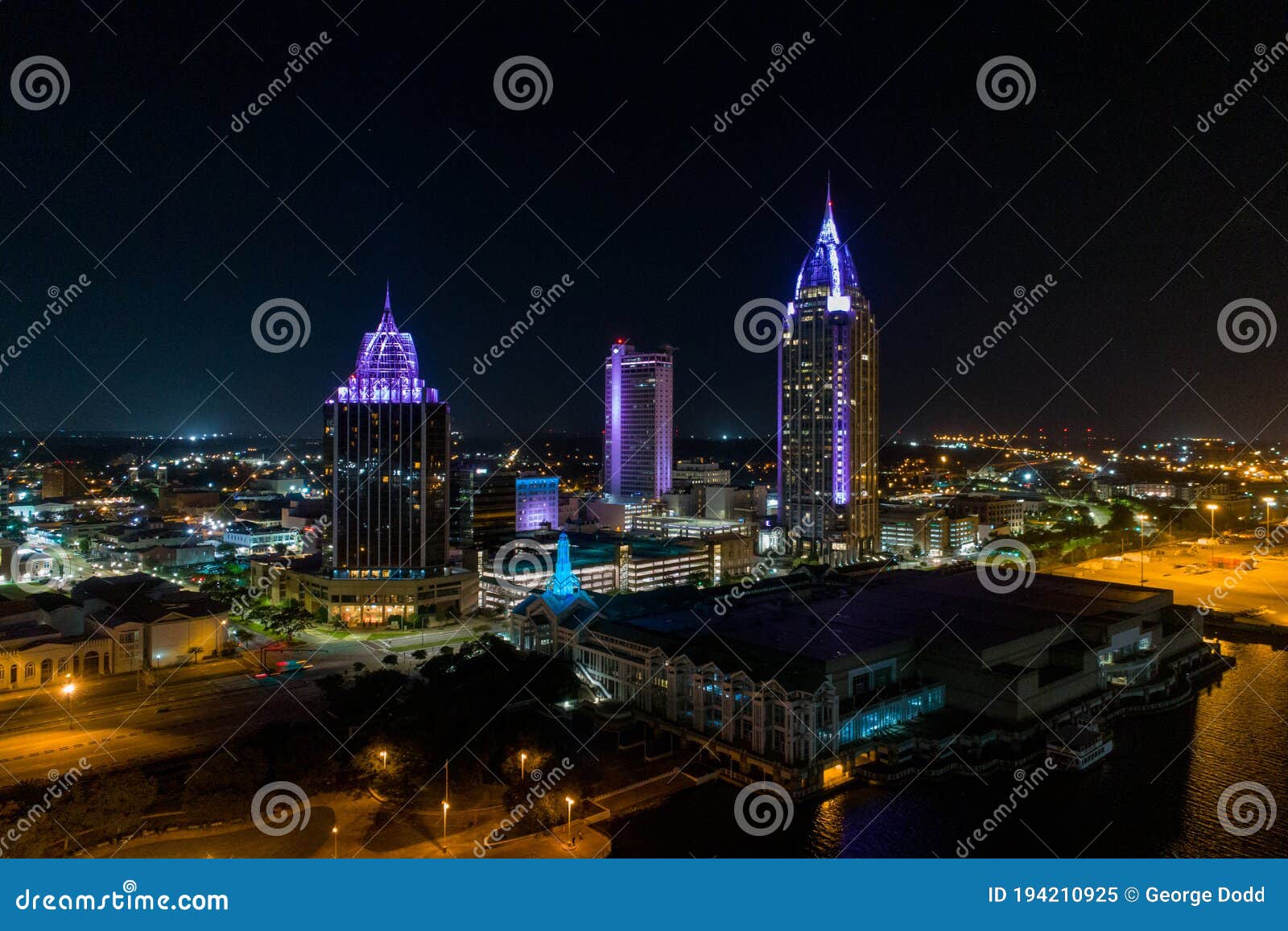 Downtown Mobile, Alabama at Night Editorial Image - Image of city ...