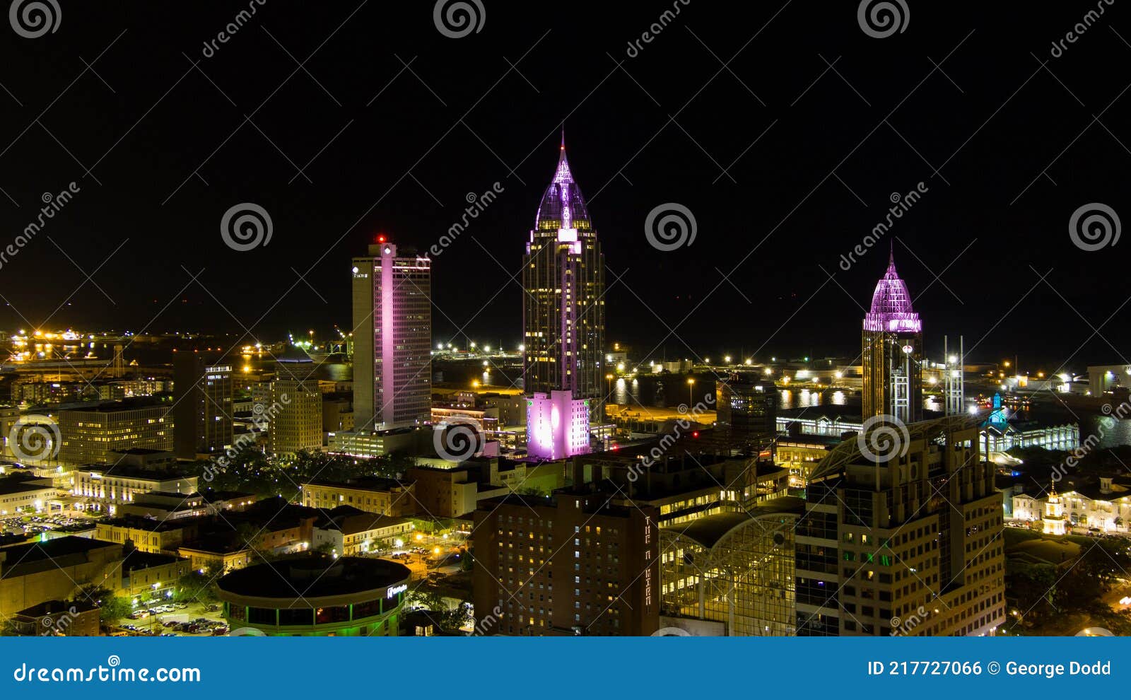 The Downtown Mobile, Alabama Urban Skyline at Night Stock Photo - Image ...