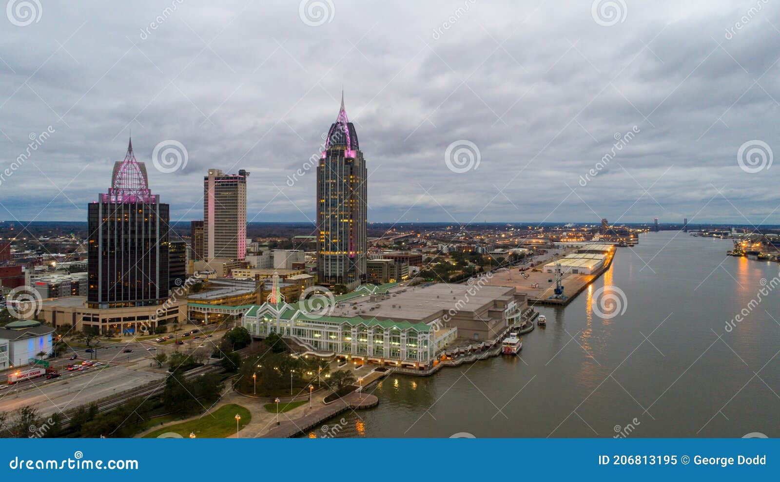 The Downtown Mobile, Alabama Waterfront Skyline at Sunset in January of ...
