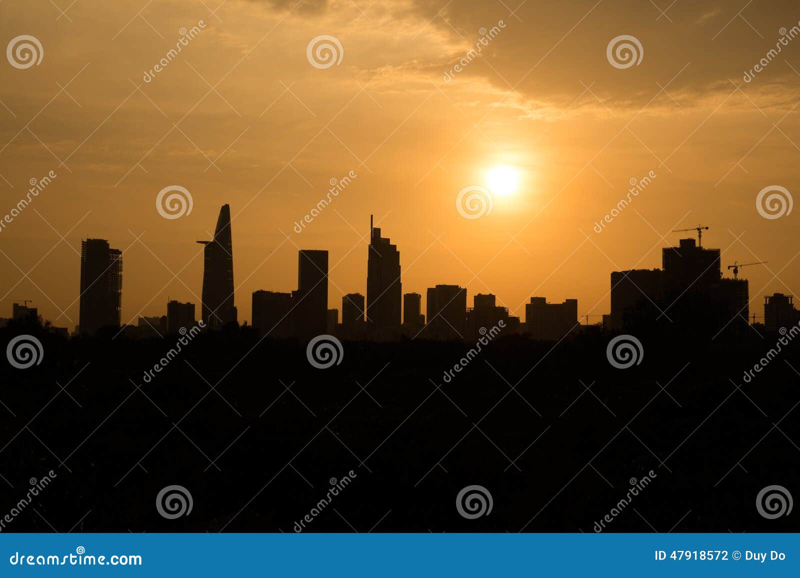 Downtown Saigon in Sunset with Golden Sky ( Back Light View from T ...