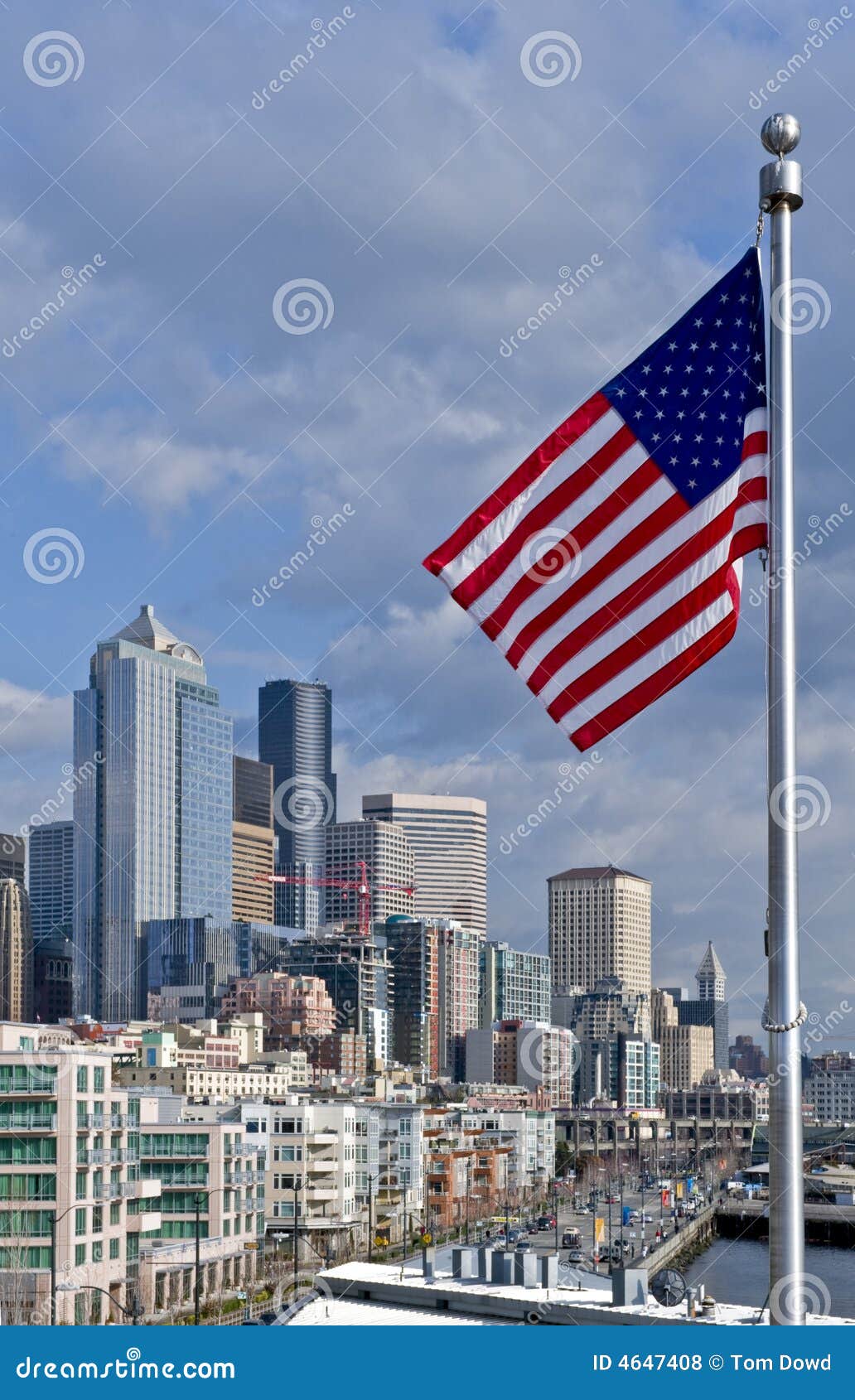 Downtown Seattle and flag stock photo. Image of banner - 4647408
