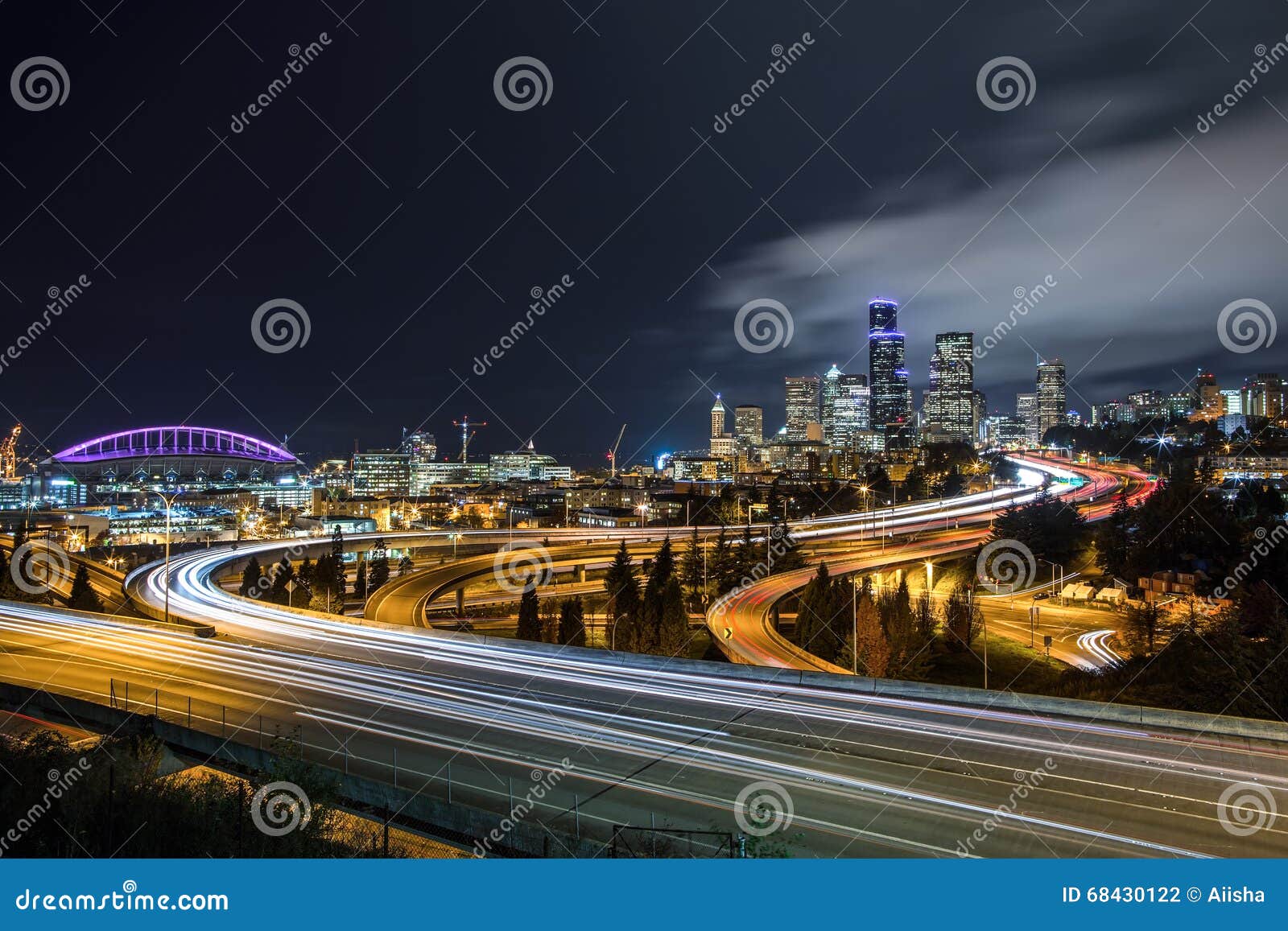 Downtown Seattle Skyline at Night Stock Photo - Image of city, cars ...