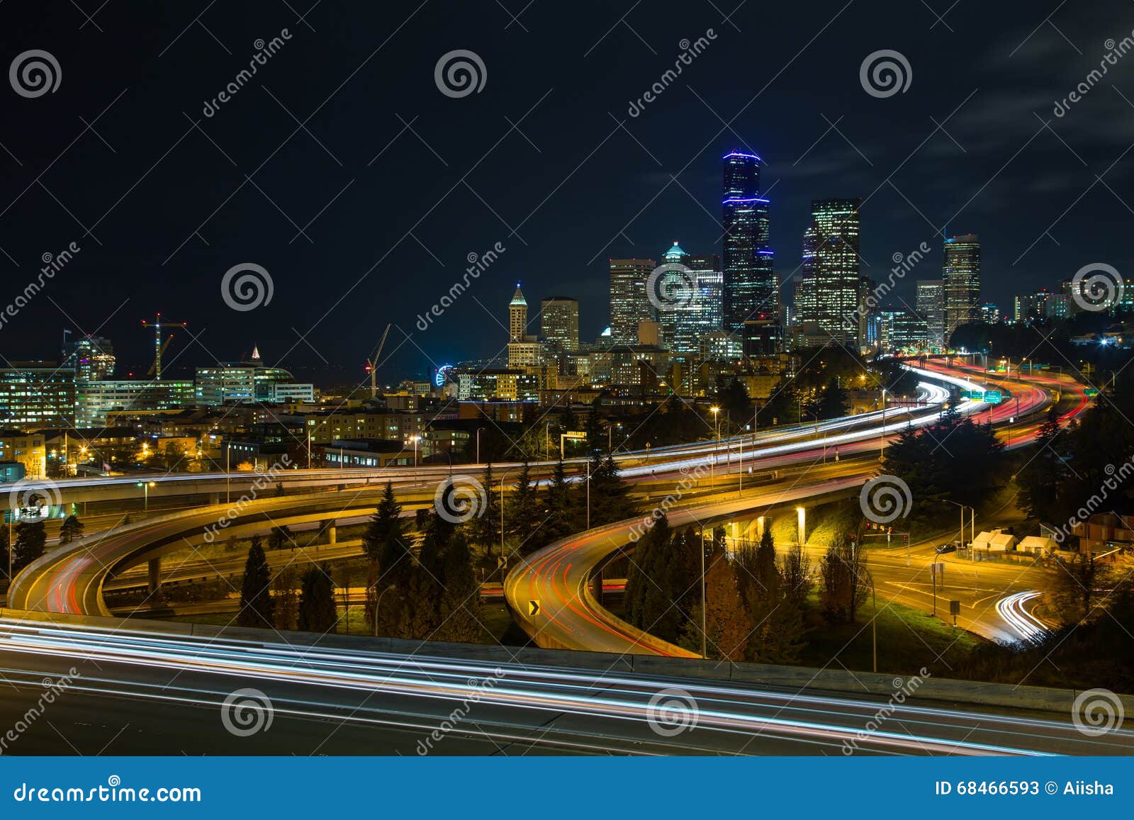 Downtown Seattle Skyline at Night Stock Image - Image of lights ...