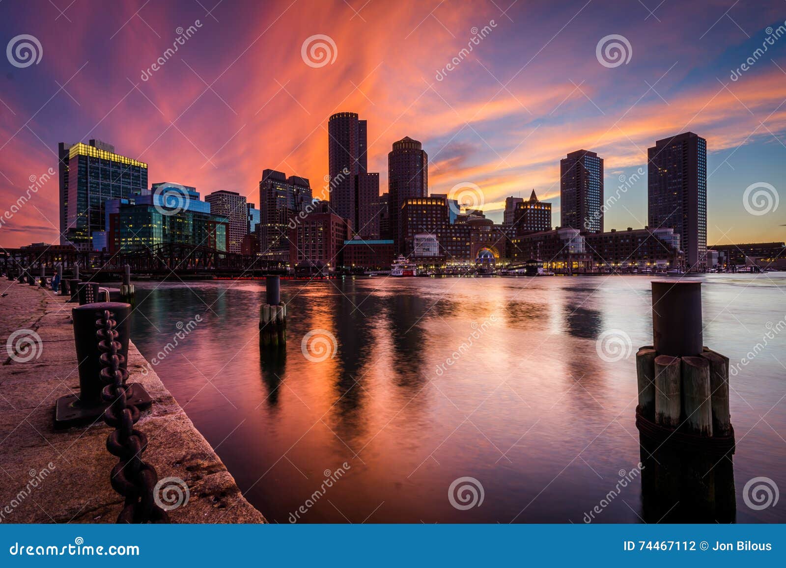 The Downtown Skyline at Sunset, Seen from Fort Point in Boston, Stock ...