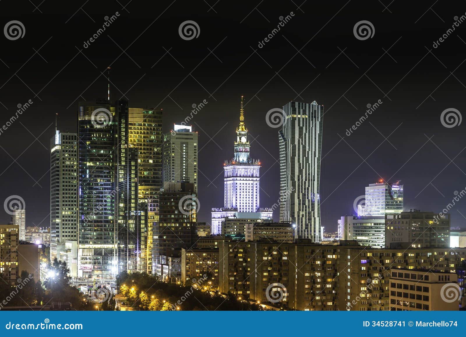 Downtown Warsaw at night stock image. Image of city, metro - 34528741