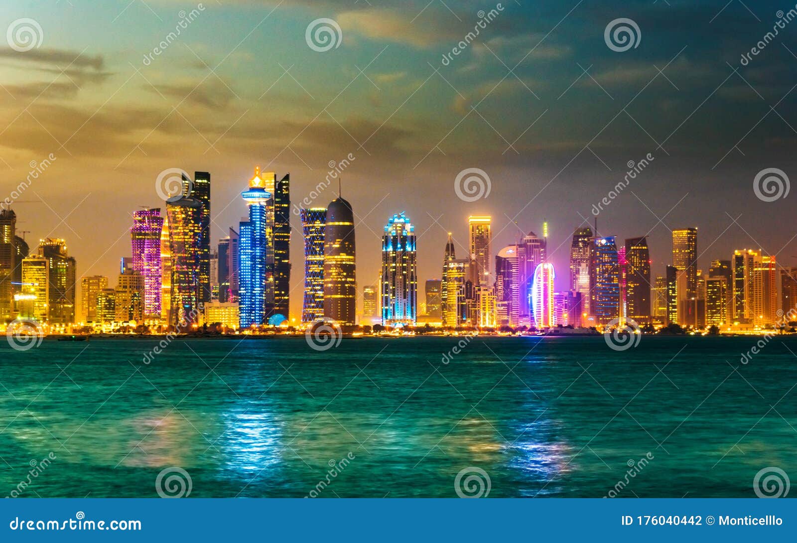 Downtown Waterfront of Doha, Qatar after Sunset Editorial Photography ...