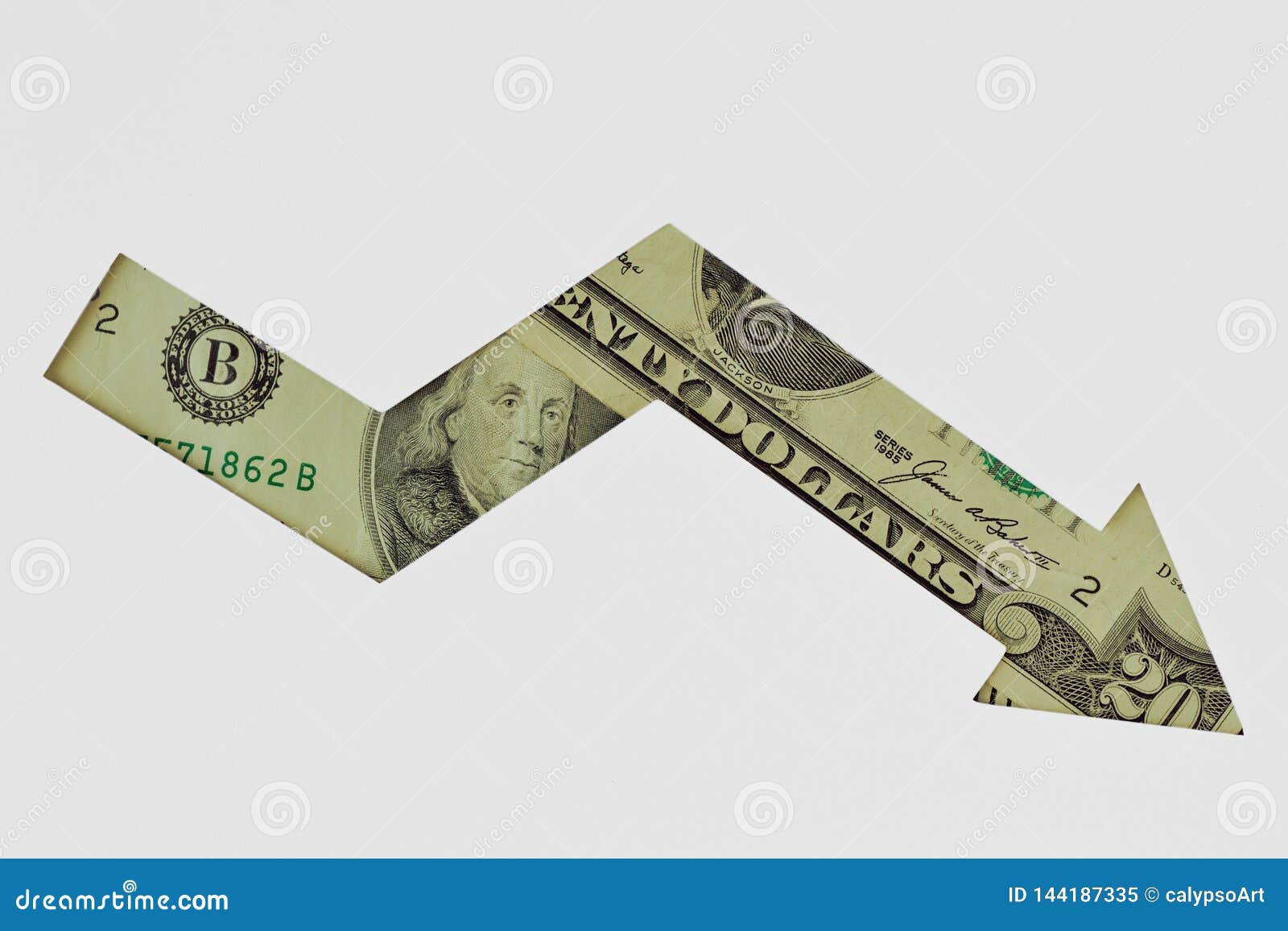 Downward Arrow Made of Dollar Banknotes on White Background - Concept ... Downward Arrow Made of Dollar Banknotes on White Background - Concept ...