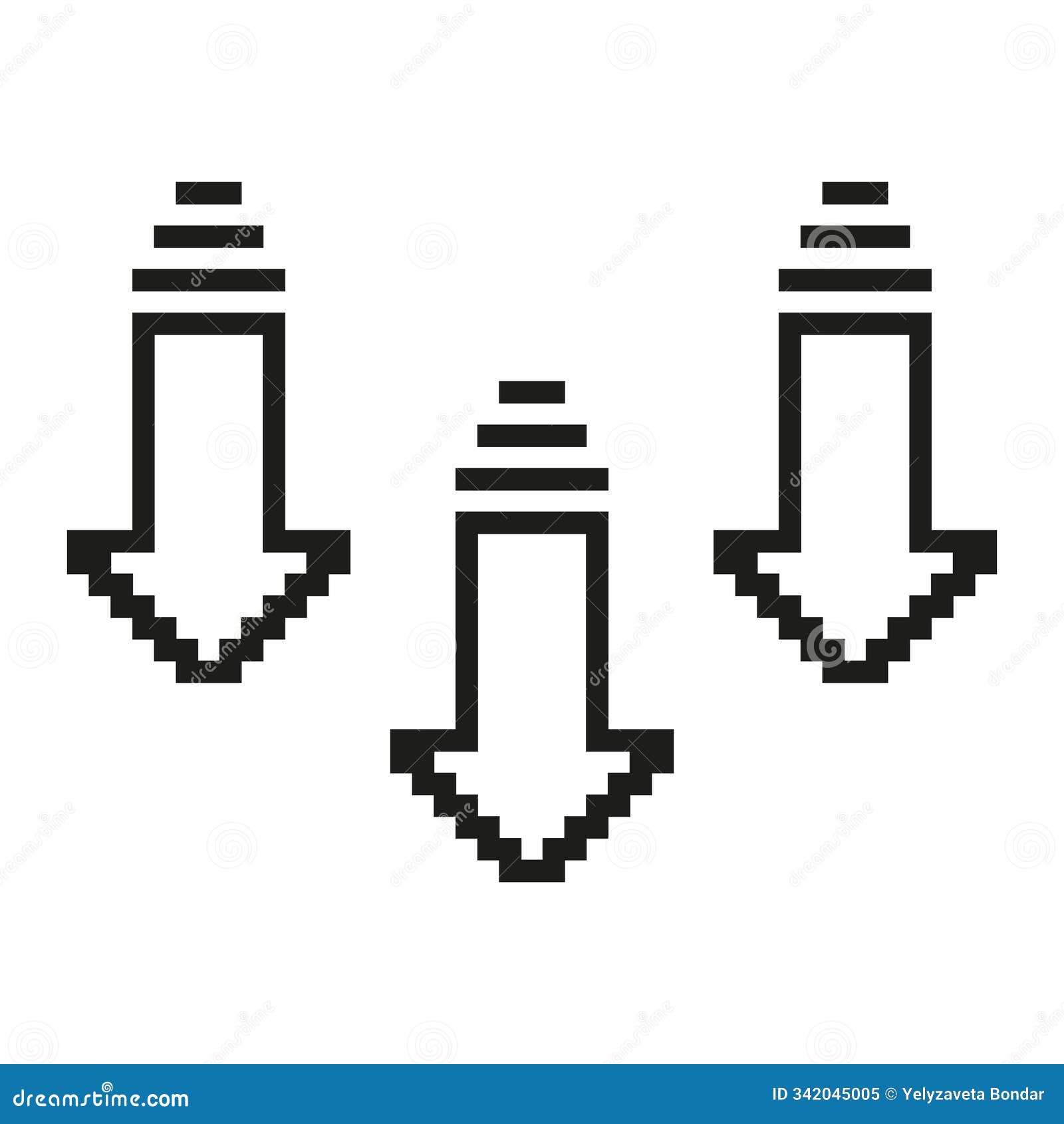 Downward Arrows Pixelated Icon. Pixel Art Symbol of Decrease or Download. Three Arrows Pointing ...