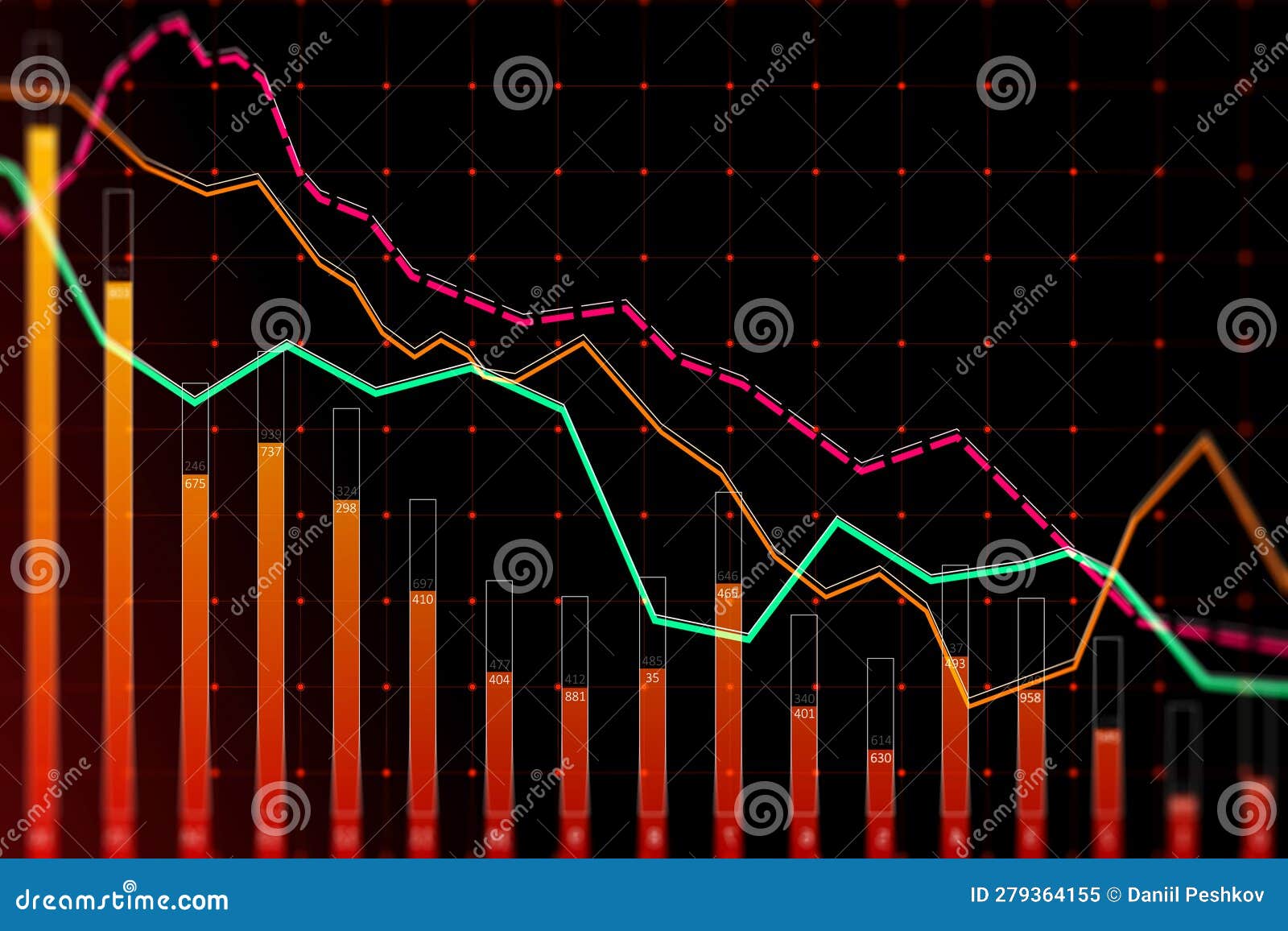 Downward Red Crisis Chart Grid on Backdrop. Recession and Economic Fall ...