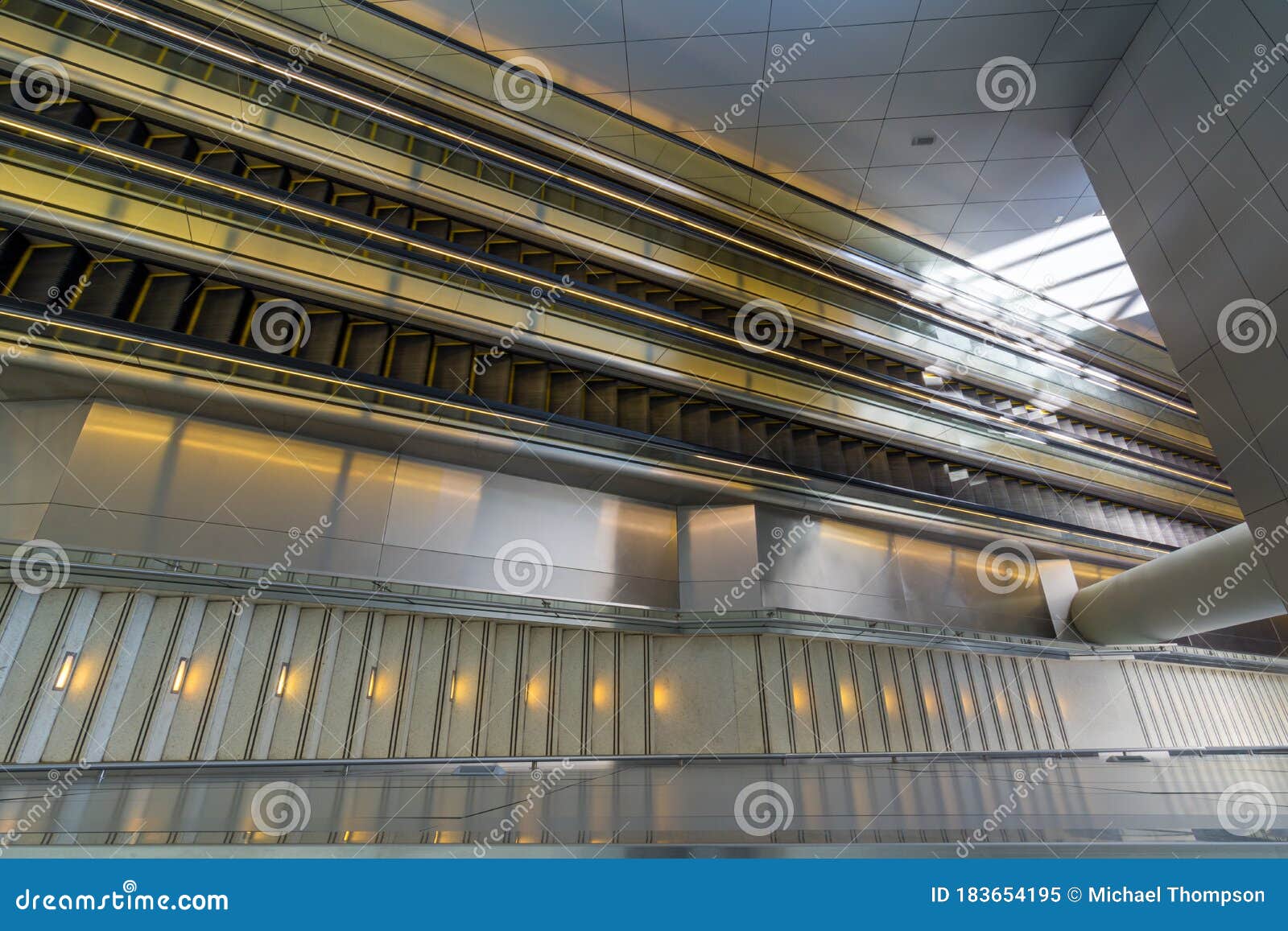 Downward View of Stairs and Escalators in a Modern Building Stock Image ...