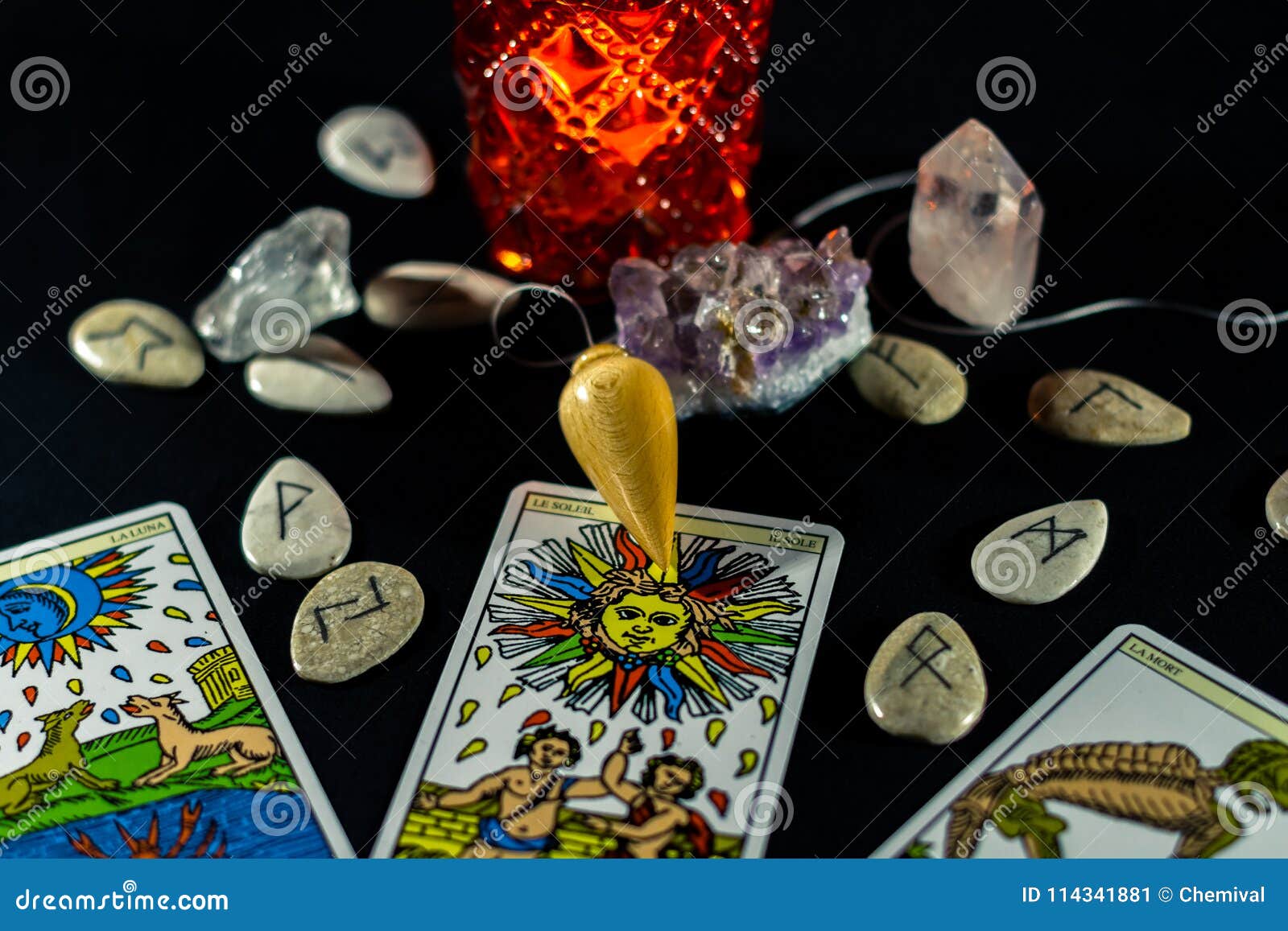 Dowsing Pendulum with Tarot & Runes Stock Image - Image of amethyst ...