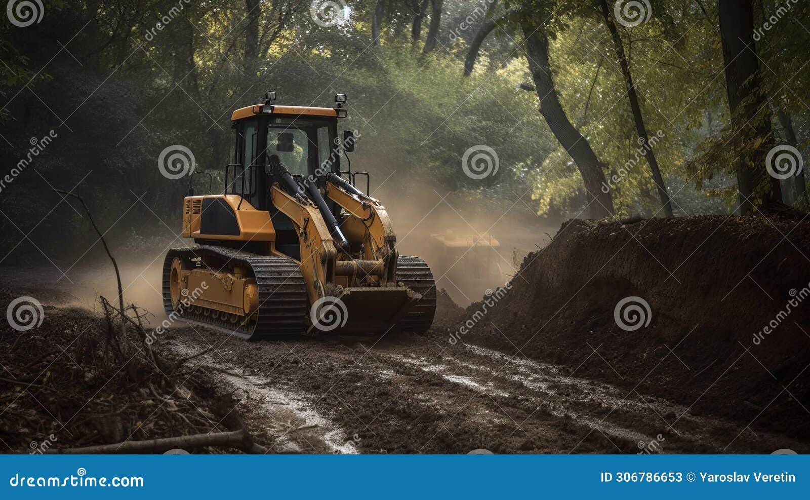 Dozer during Clearing Forest for Construction New Road. Bulldozer at ...