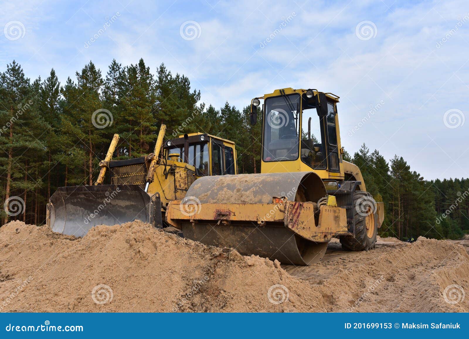 Dozer and Vibro Roller Soil Compactor at Road Construction and Bridge ...