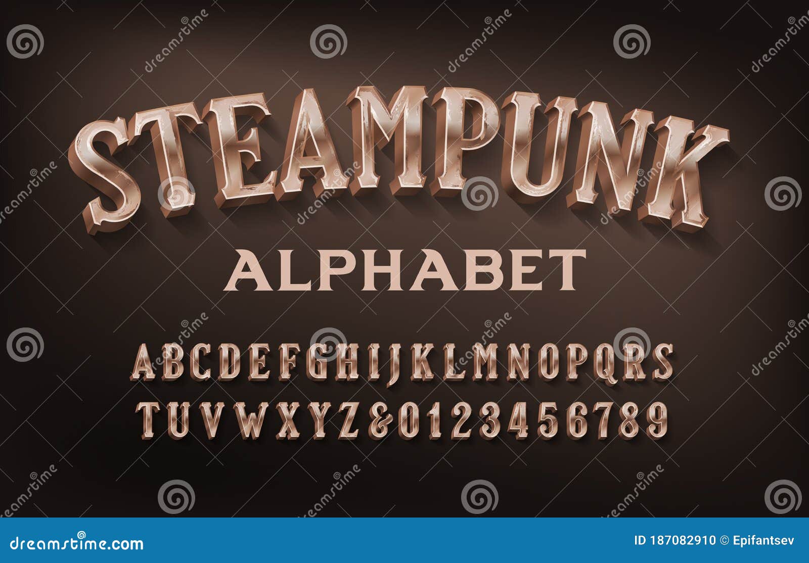 Steampunk Alphabet Font. 3d Retro Brass Letters and Numbers Stock ...