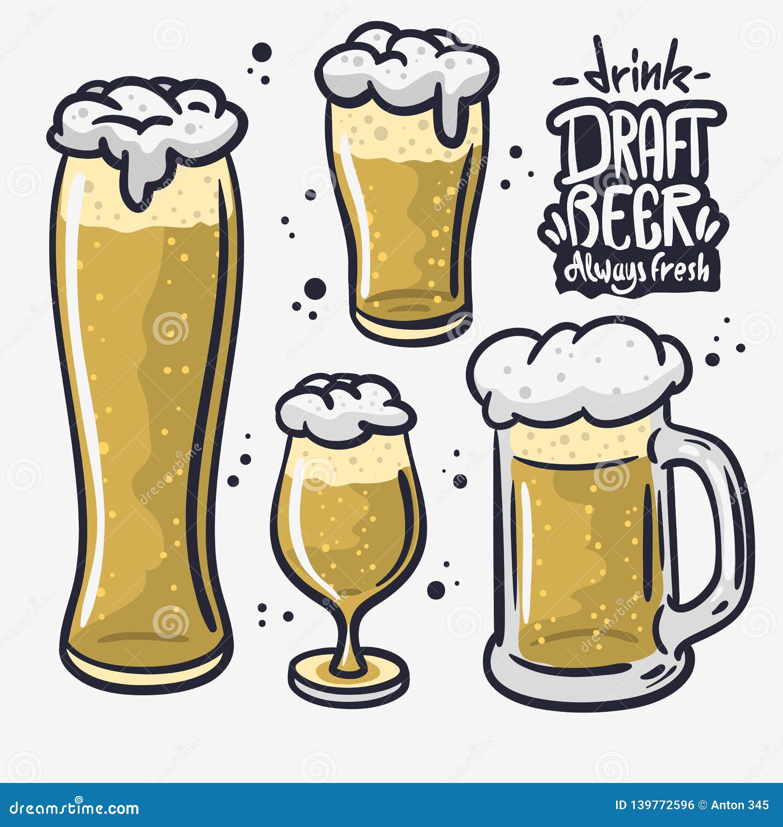 Draft Beer Hand Drawn Vector Design Different Glasses for Beer on a ...