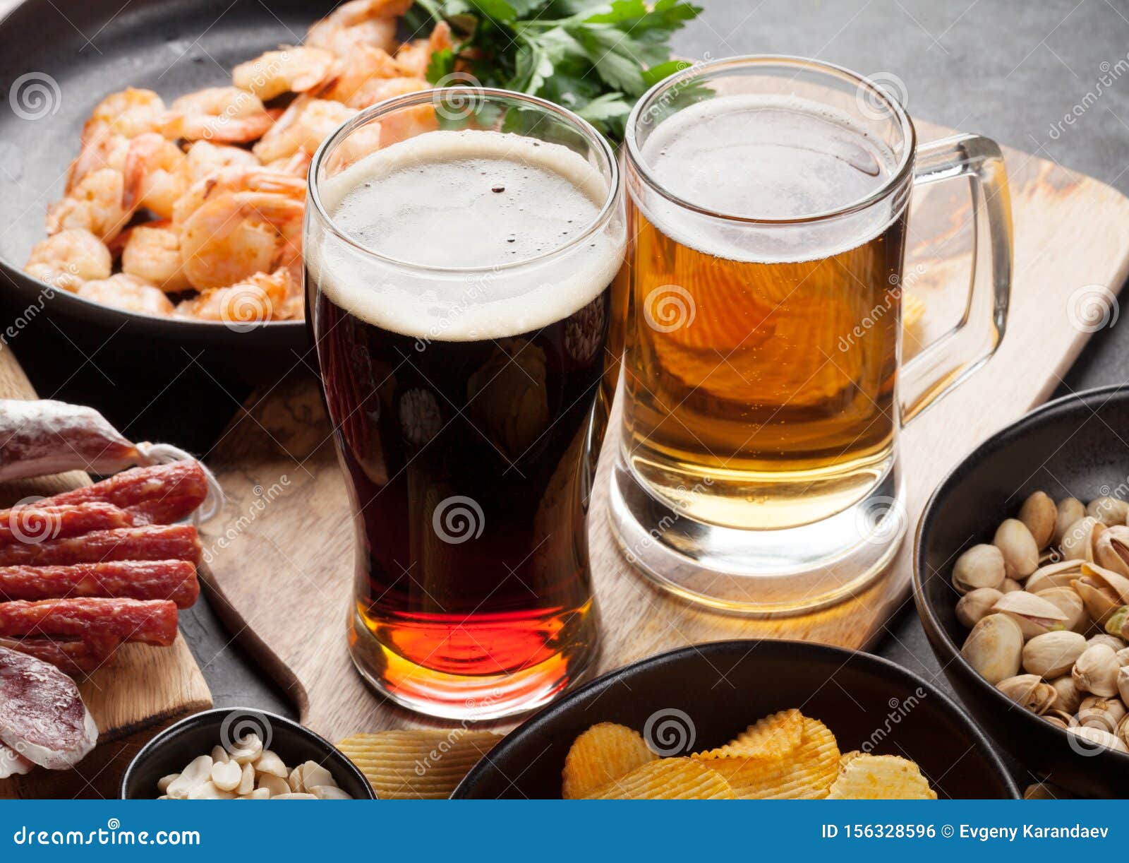 Draft beer and snacks stock photo. Image of lager, beverage - 156328596