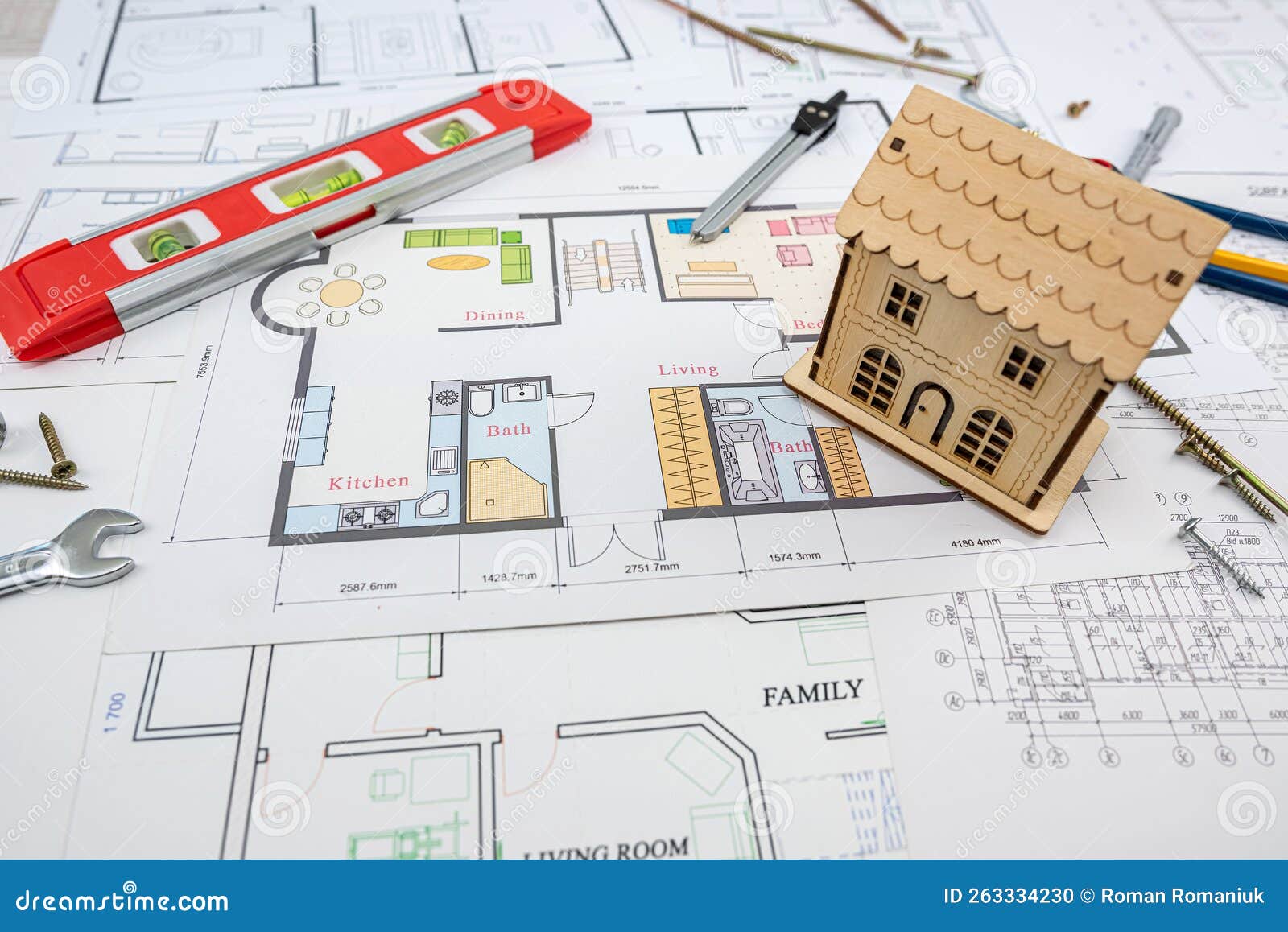Draft Drawings Construction Tools Scattered Over Housing Project on ...