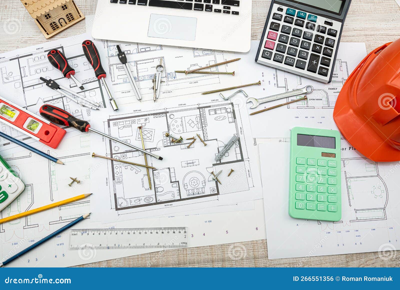 Draft Drawings Construction Tools Scattered Over Housing Project on ...