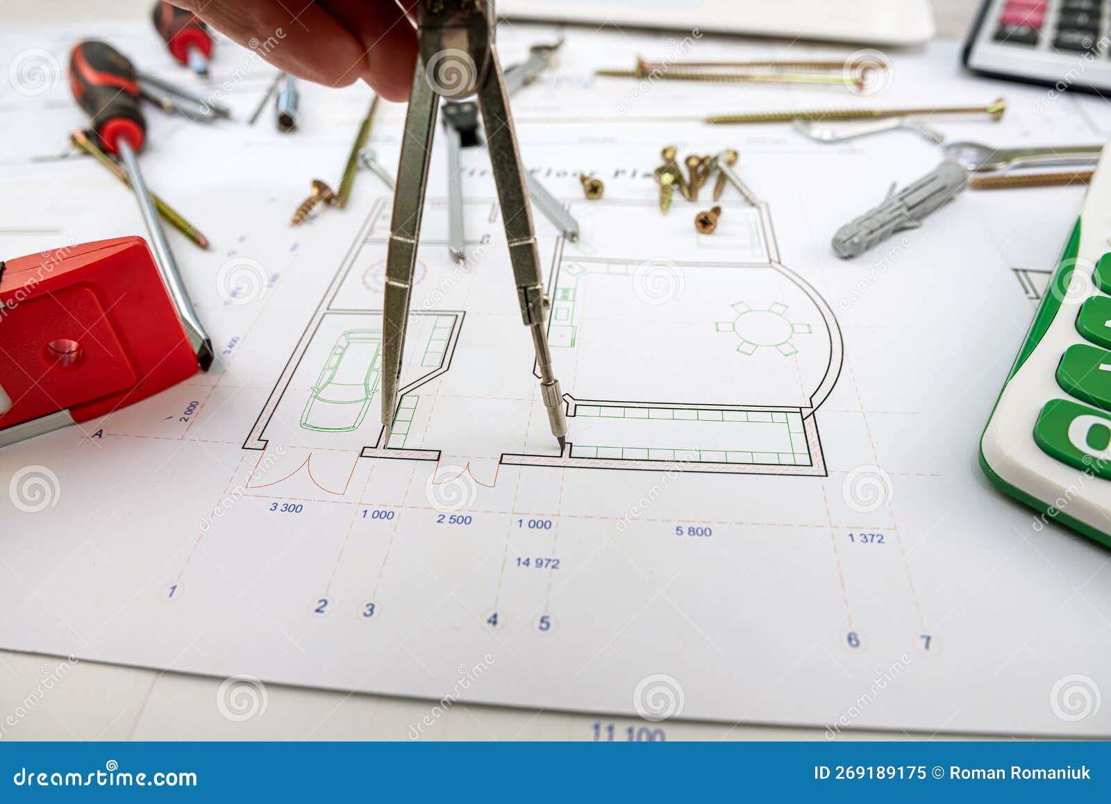 Draft Drawings Construction Tools Scattered Over Housing Project on ...